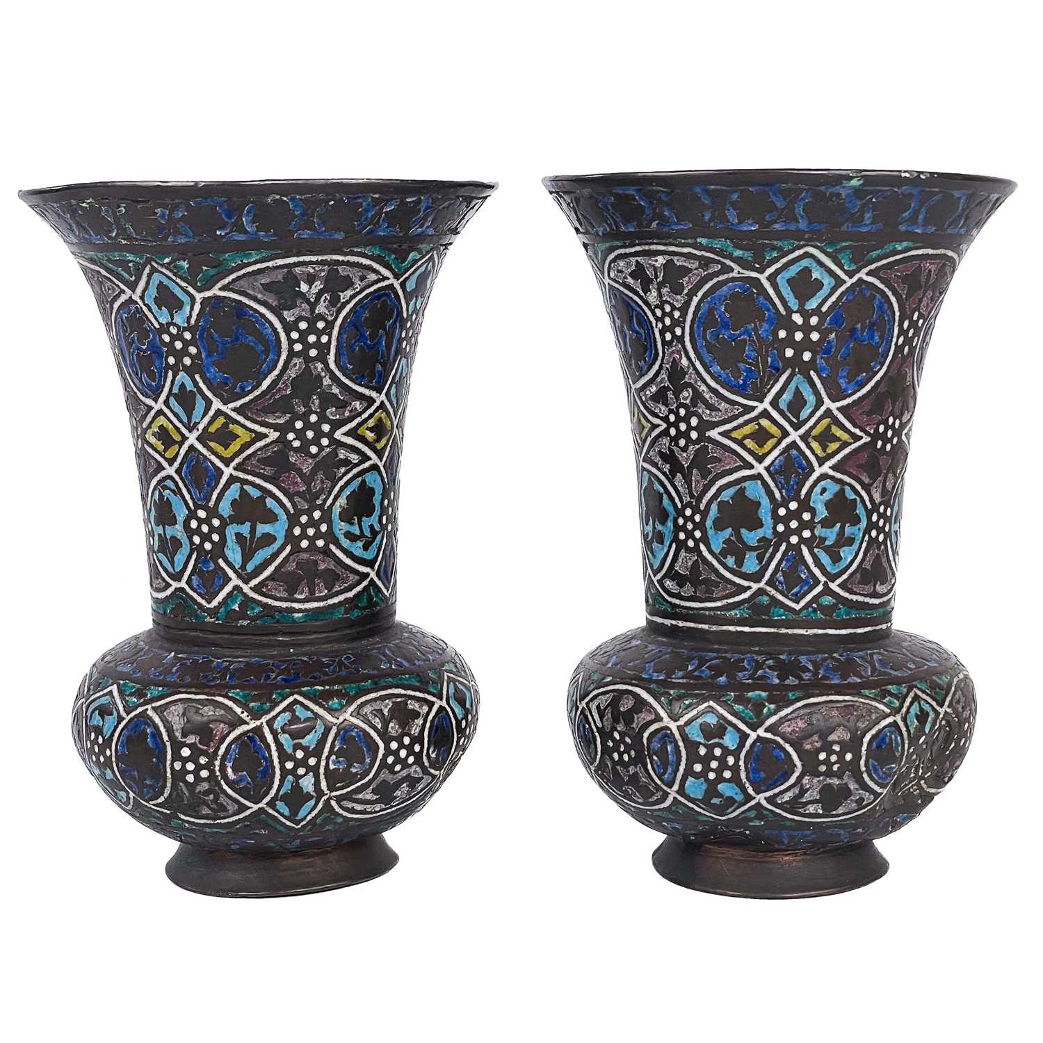 Lot 230 - A pair of Persian copper and enamel vases,