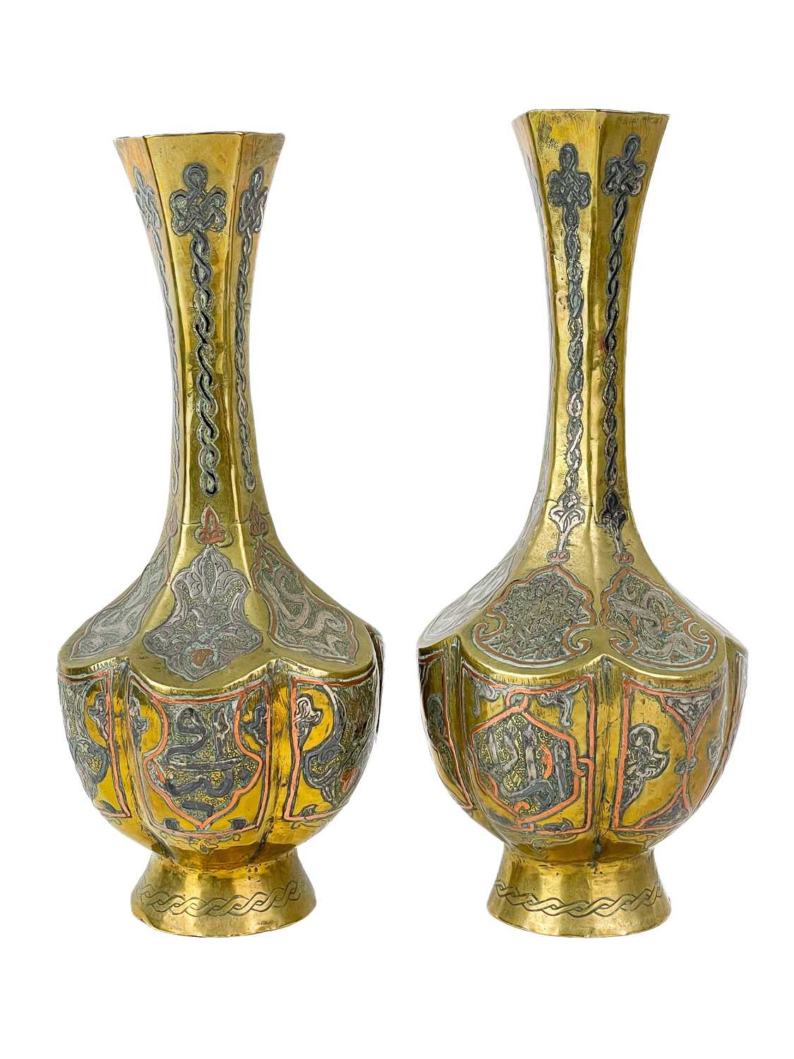 Lot 13 - A pair of Cairoware brass and silver inlaid