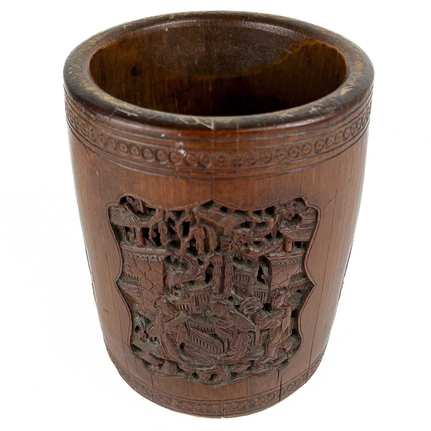 Lot 157 - A Chinese carved bamboo brush pot, late 19th
