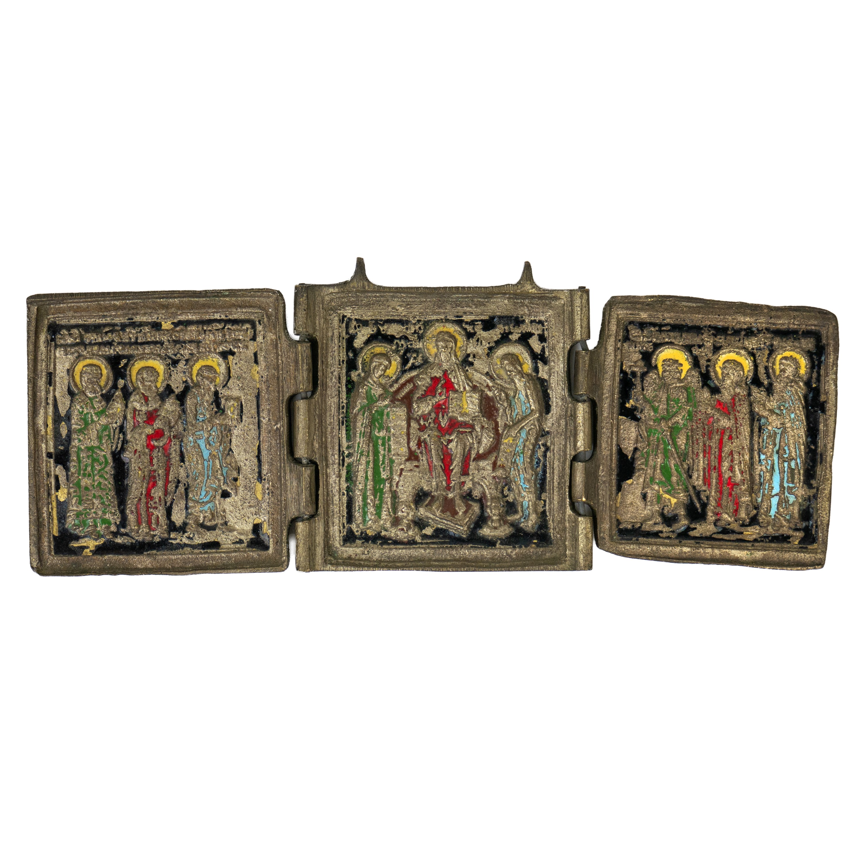 Lot 92 - An Orthodox brass and enamel folding triptych