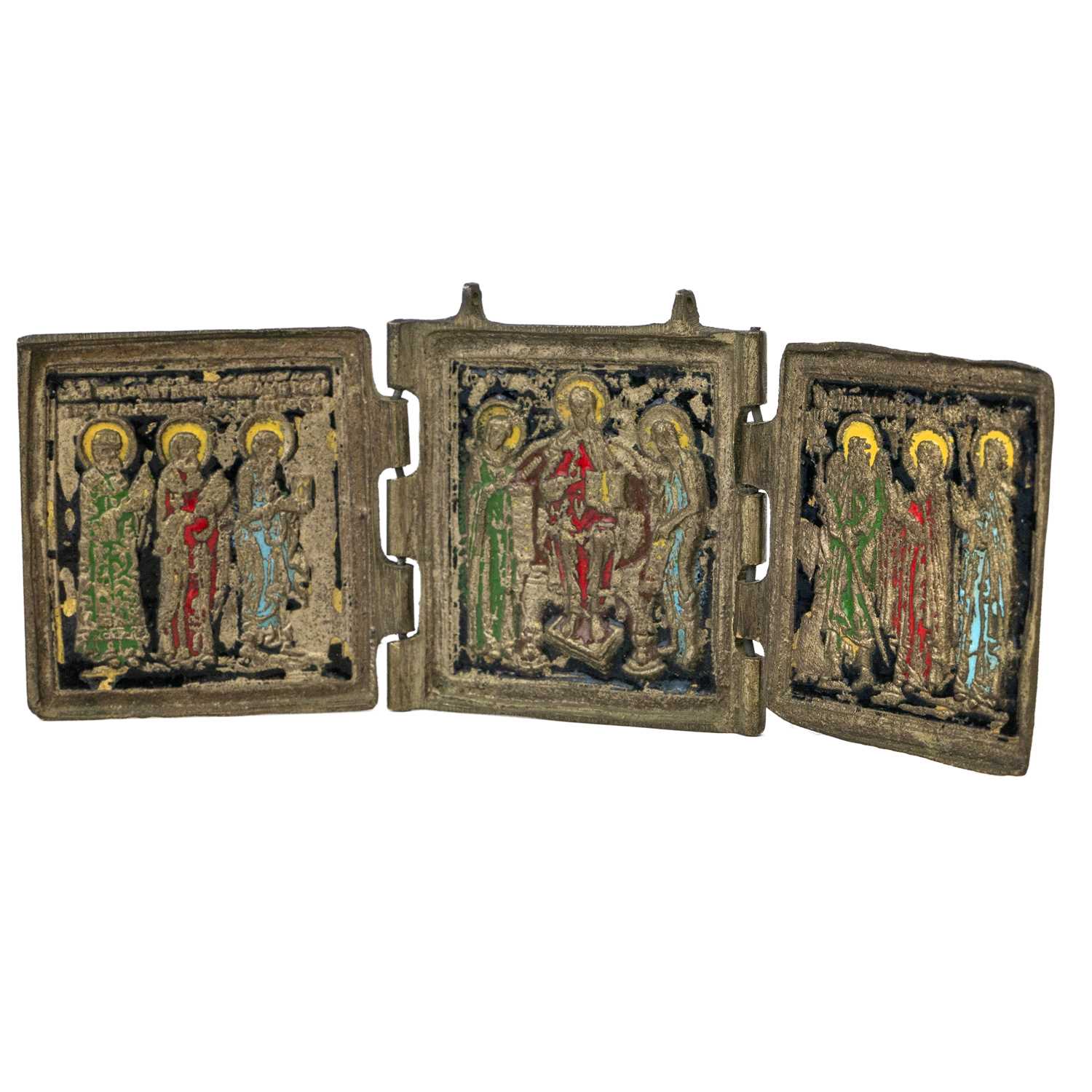 Lot 92 - An Orthodox brass and enamel folding triptych