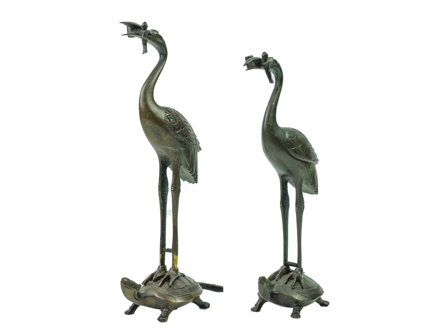 Lot 67 - A pair of Japanese bronze figures of storks,