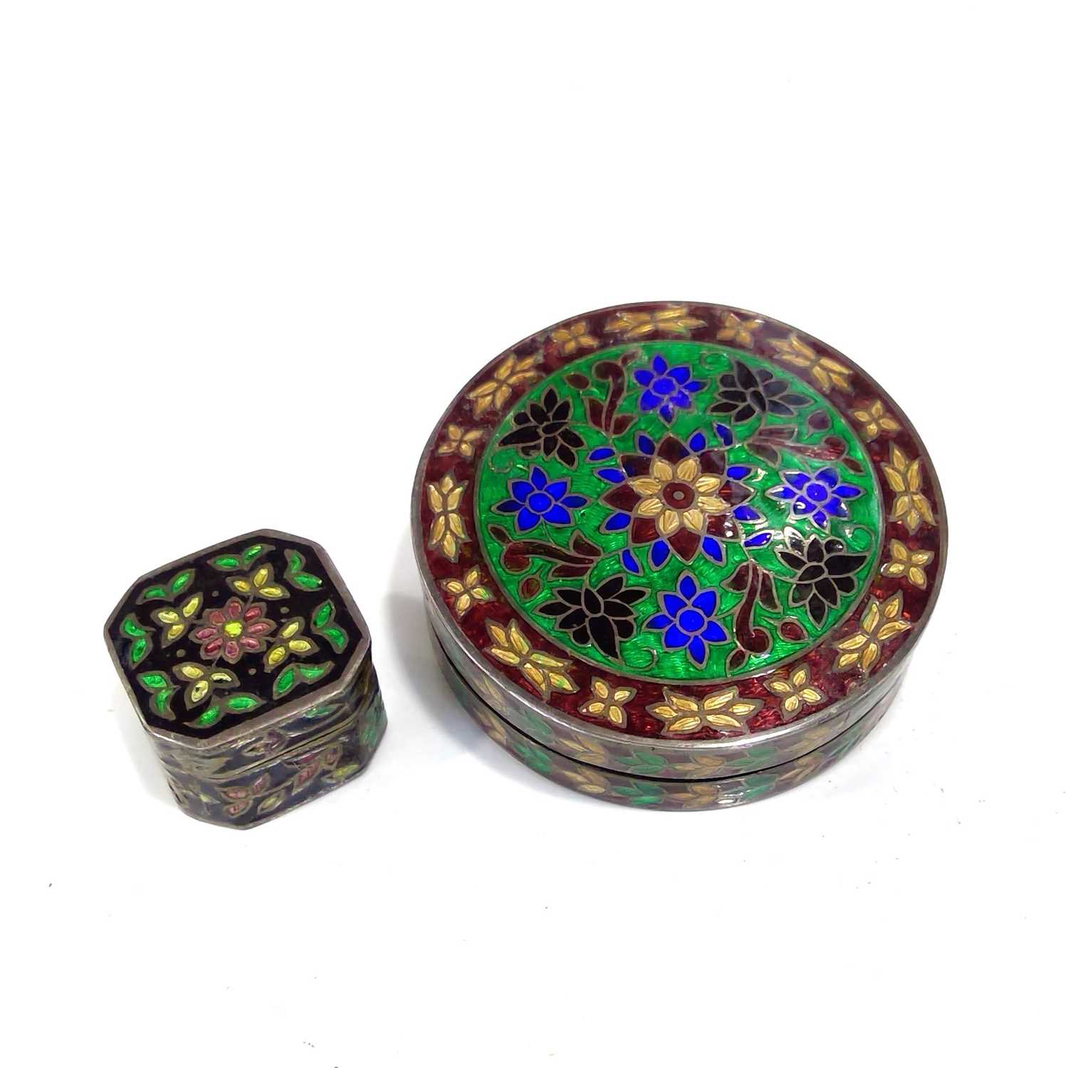Lot 87 - Two small silver and enamel trinket boxes the