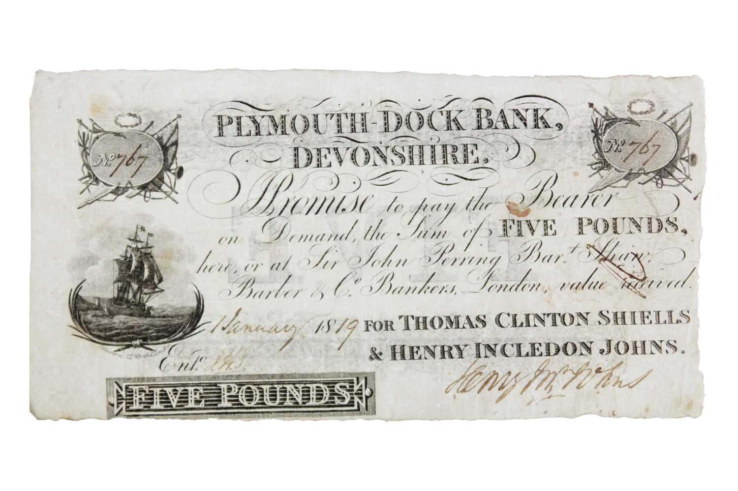 Lot 183 - Plymouth Dock Bank, Devonshire £5 banknote