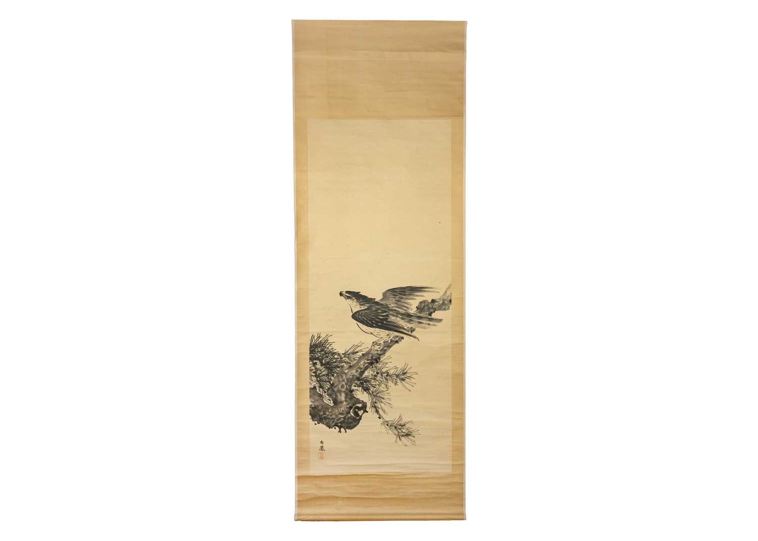 Lot 311 - A Japanese painted scroll depicting a hawk,