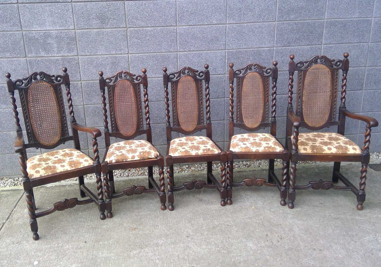 Lot 31 - Set of oak barley twist chairs. With Cane