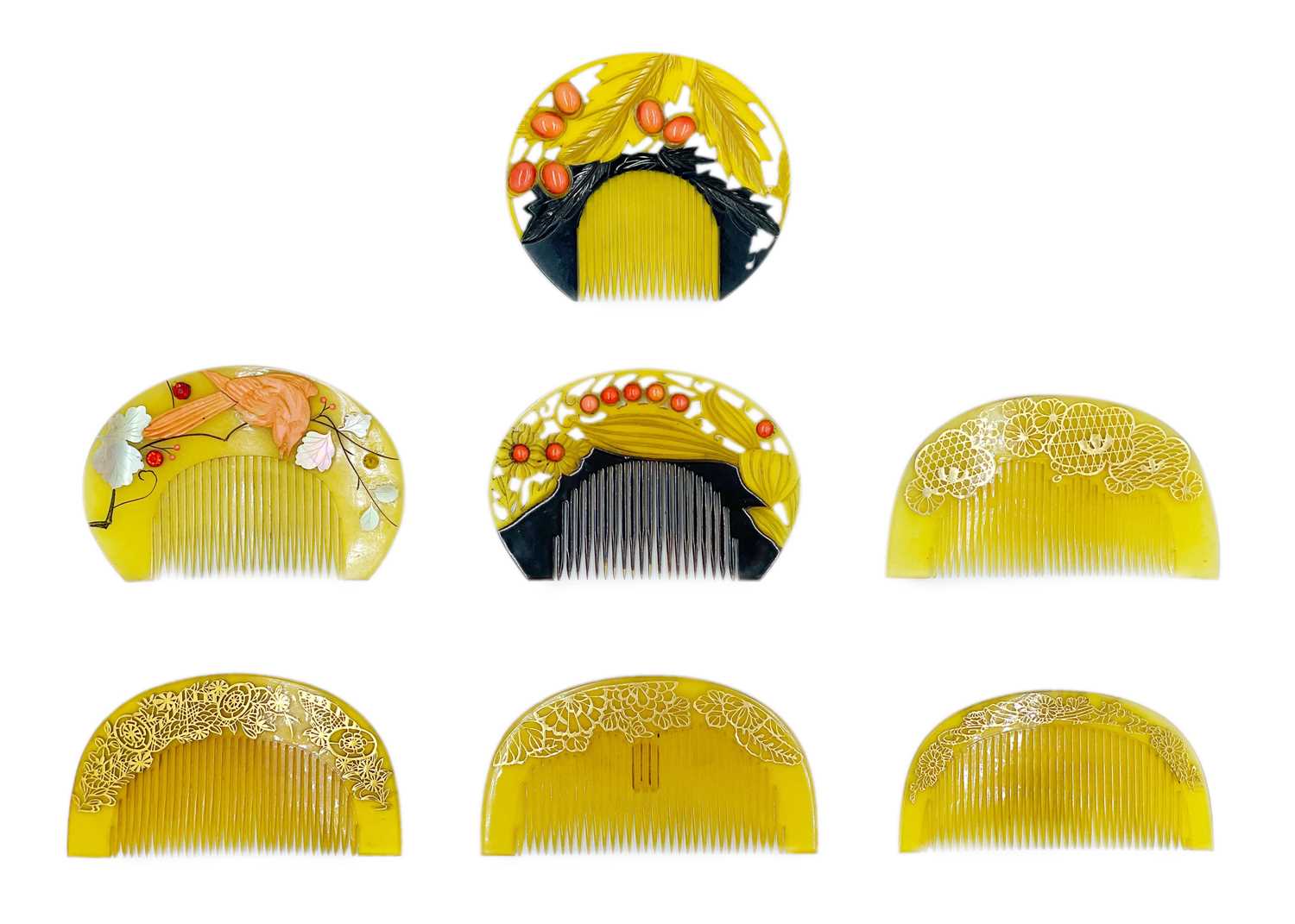 Lot 395 - Seven Japanese celluloid combs, circa 1920's-