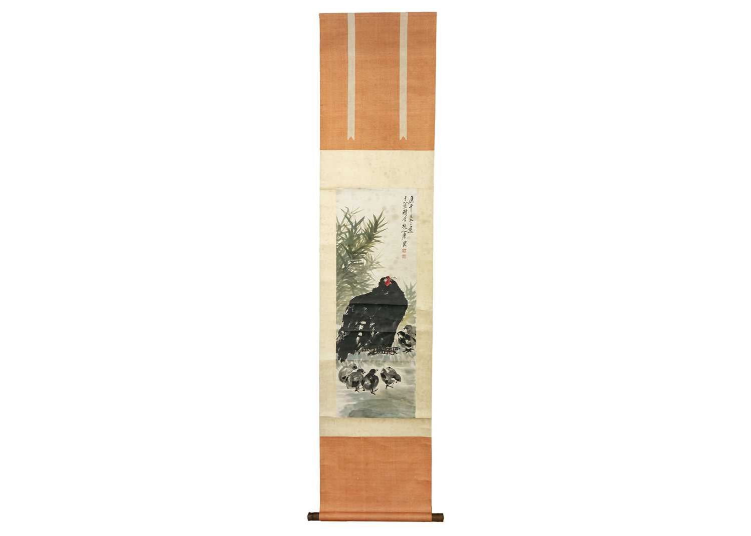 Lot 569 - A Chinese painted scroll depicting a hen and