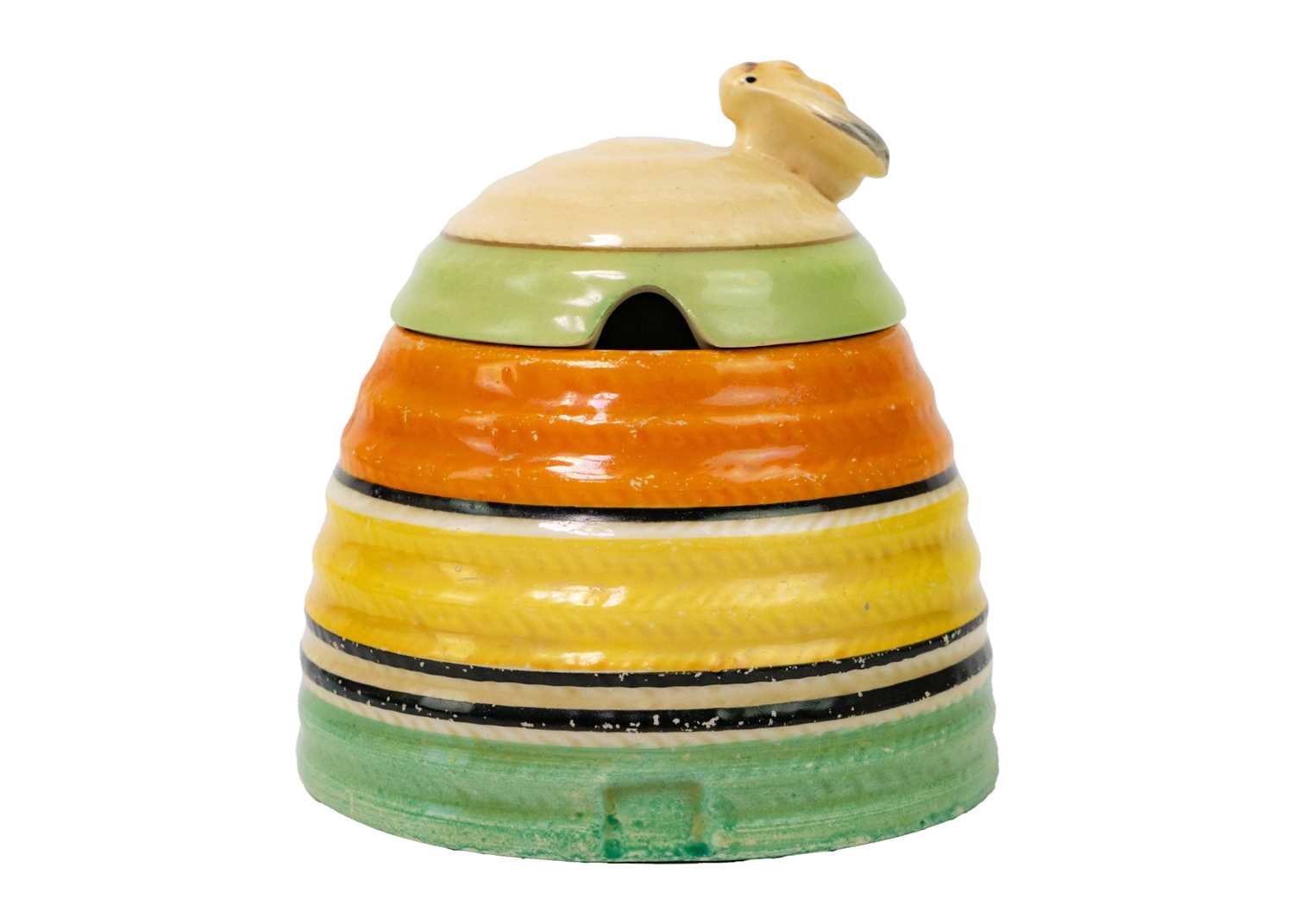 Lot 374 - A Clarice Cliff banded beehive honey pot and