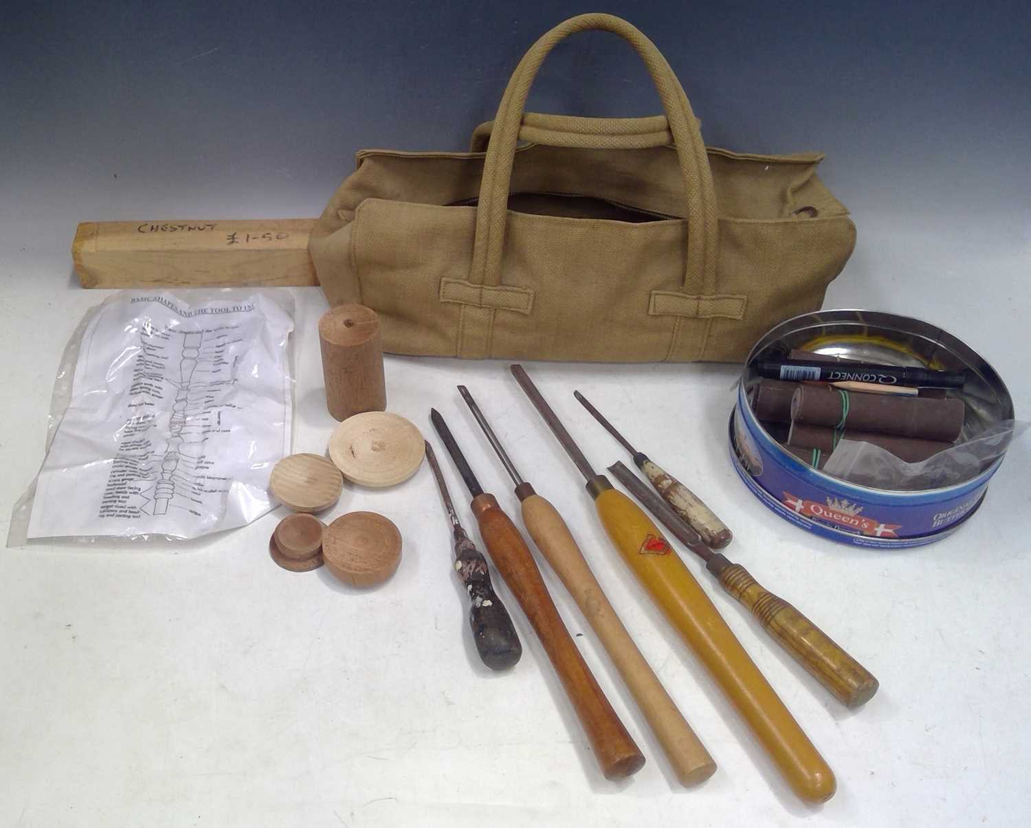 Lot 56 - A Bag of Wood Turning Chisels, Sandpaper and
