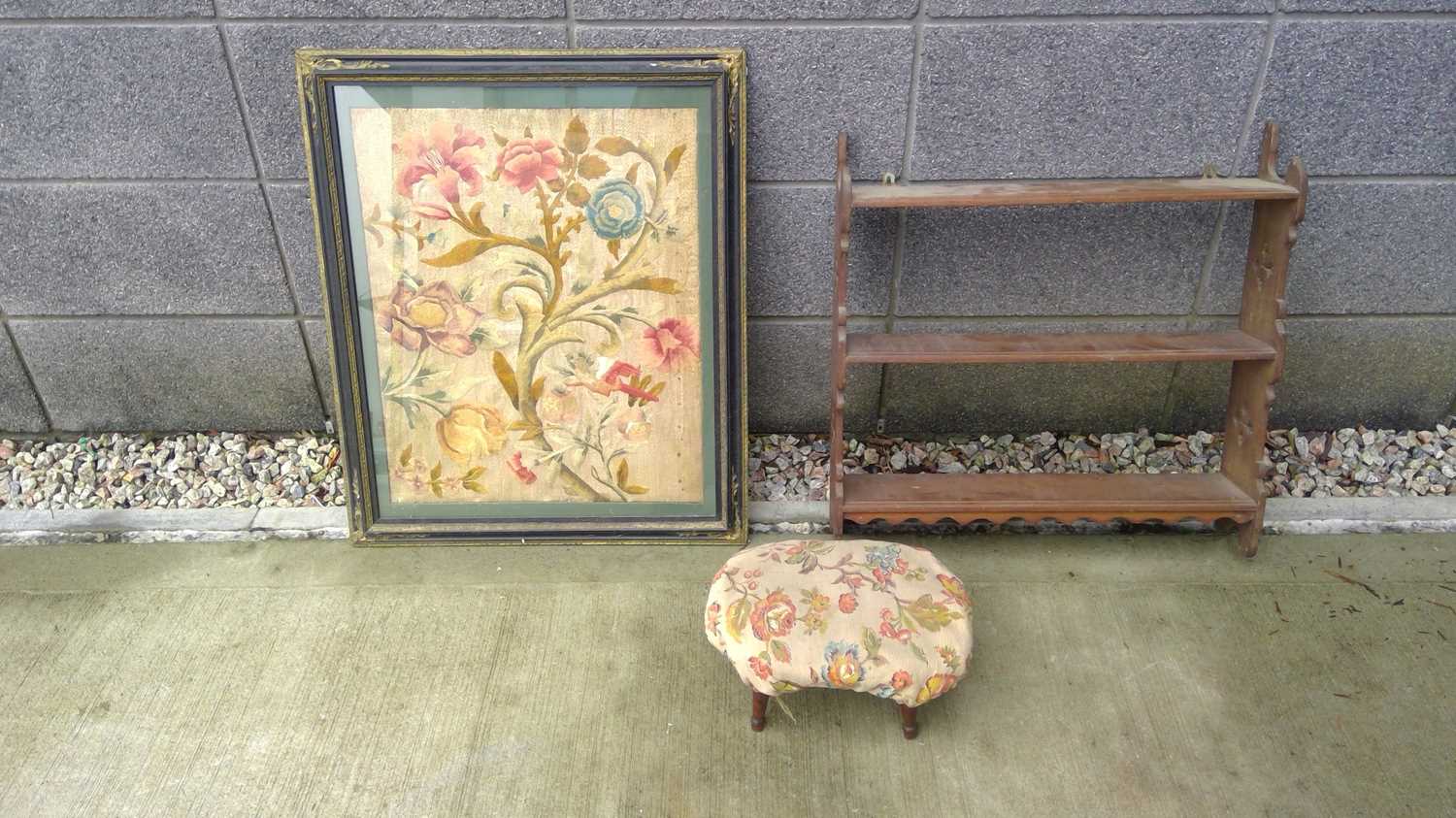 Lot 164 - A Framed Needlework Panel, Display Shelf and