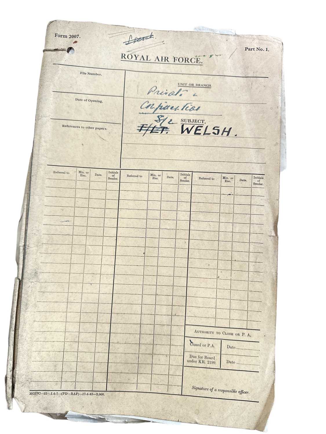 Lot 167 - F/LT Alan Welsh WWII RAF paperwork including