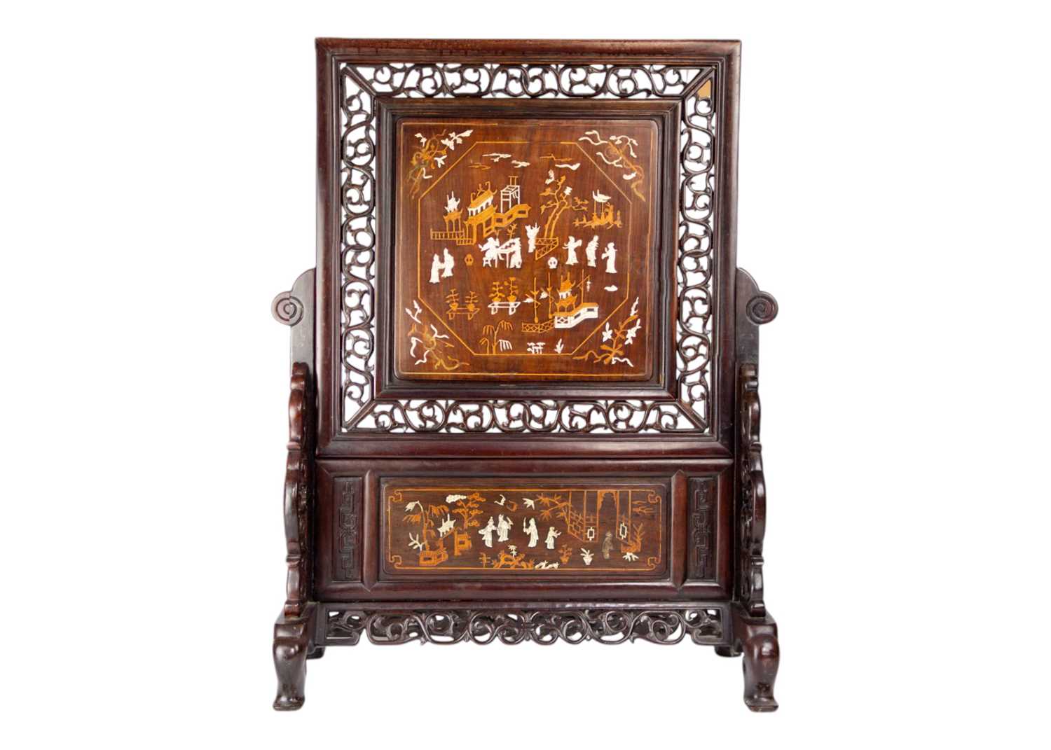Lot 750 - A Chinese hardwood inlaid table screen, late