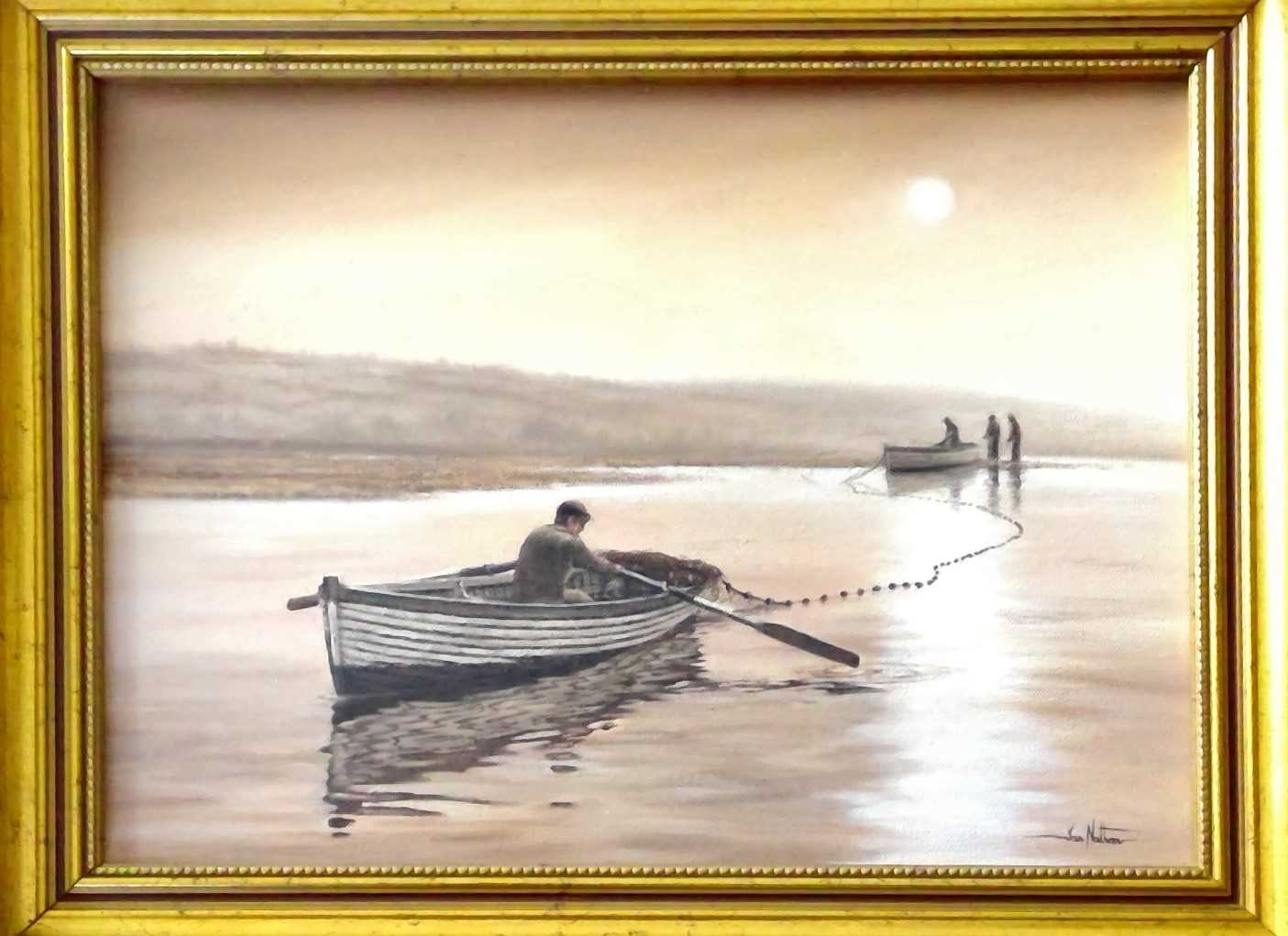 Lot 123 - Ian NATHAN(1954) 'Pulling the Net', oil on