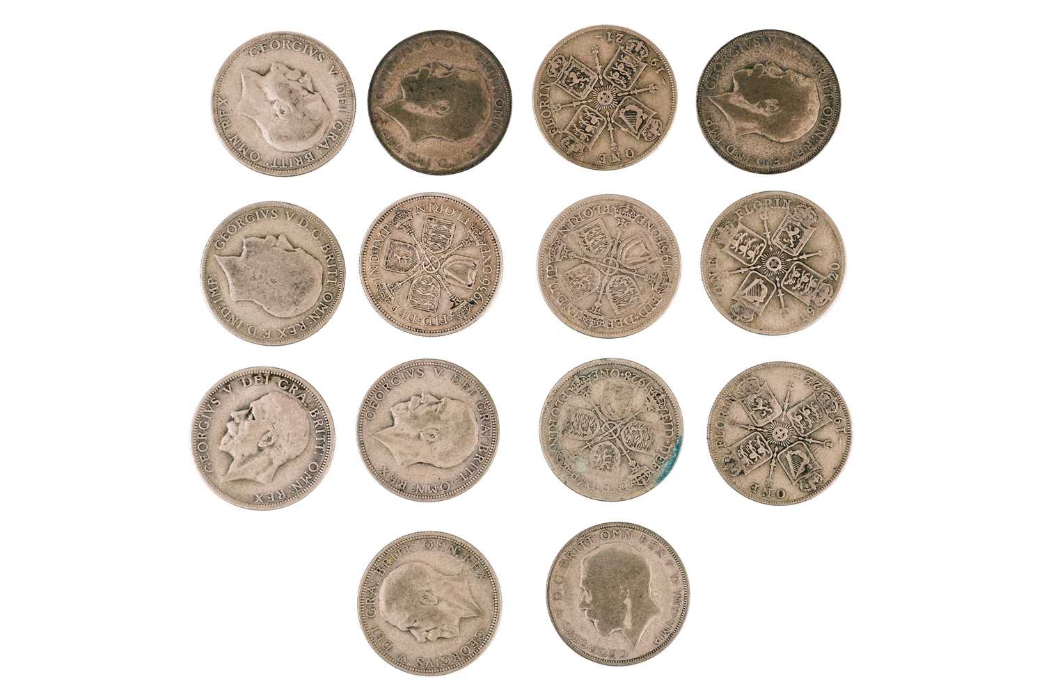 Lot 21 - A collection of 14 George V One Florin .500