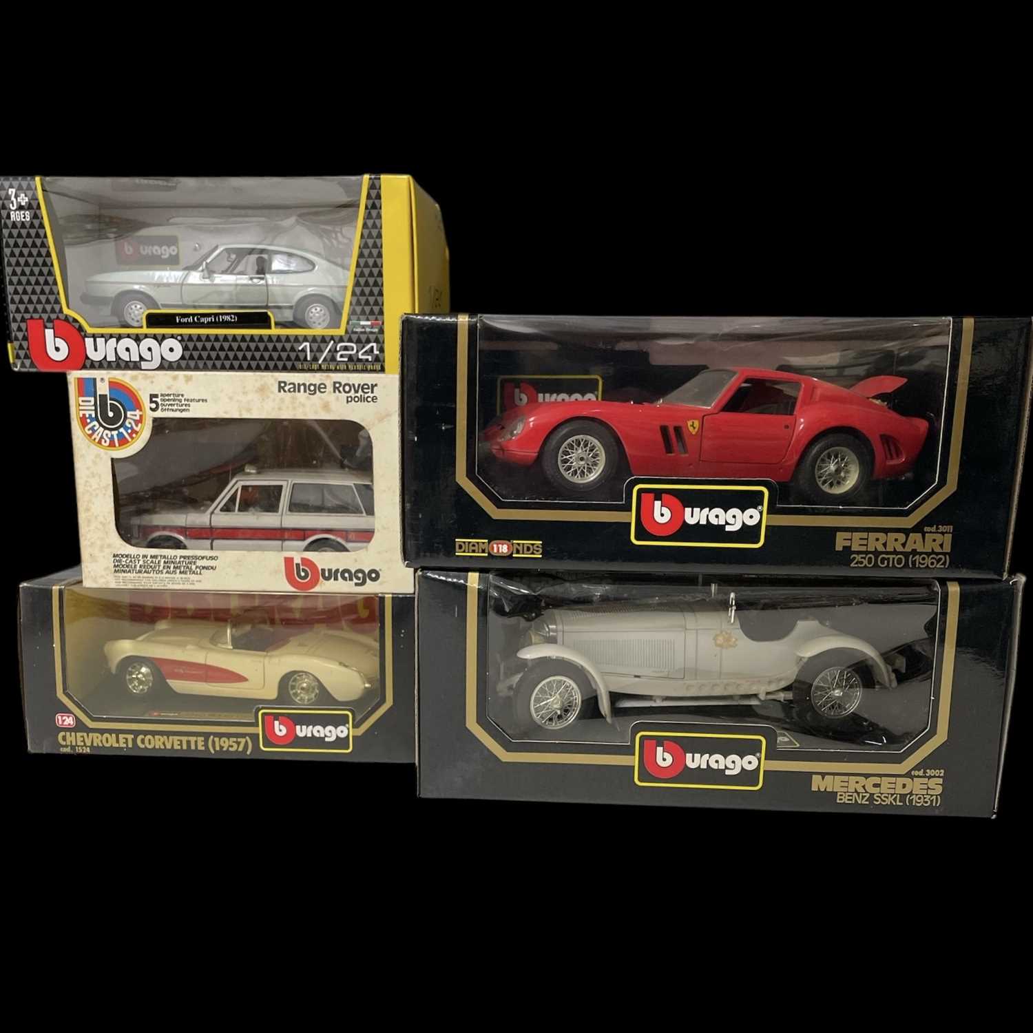 Lot 73 - Five Burago model cars, two 1/18 scale and