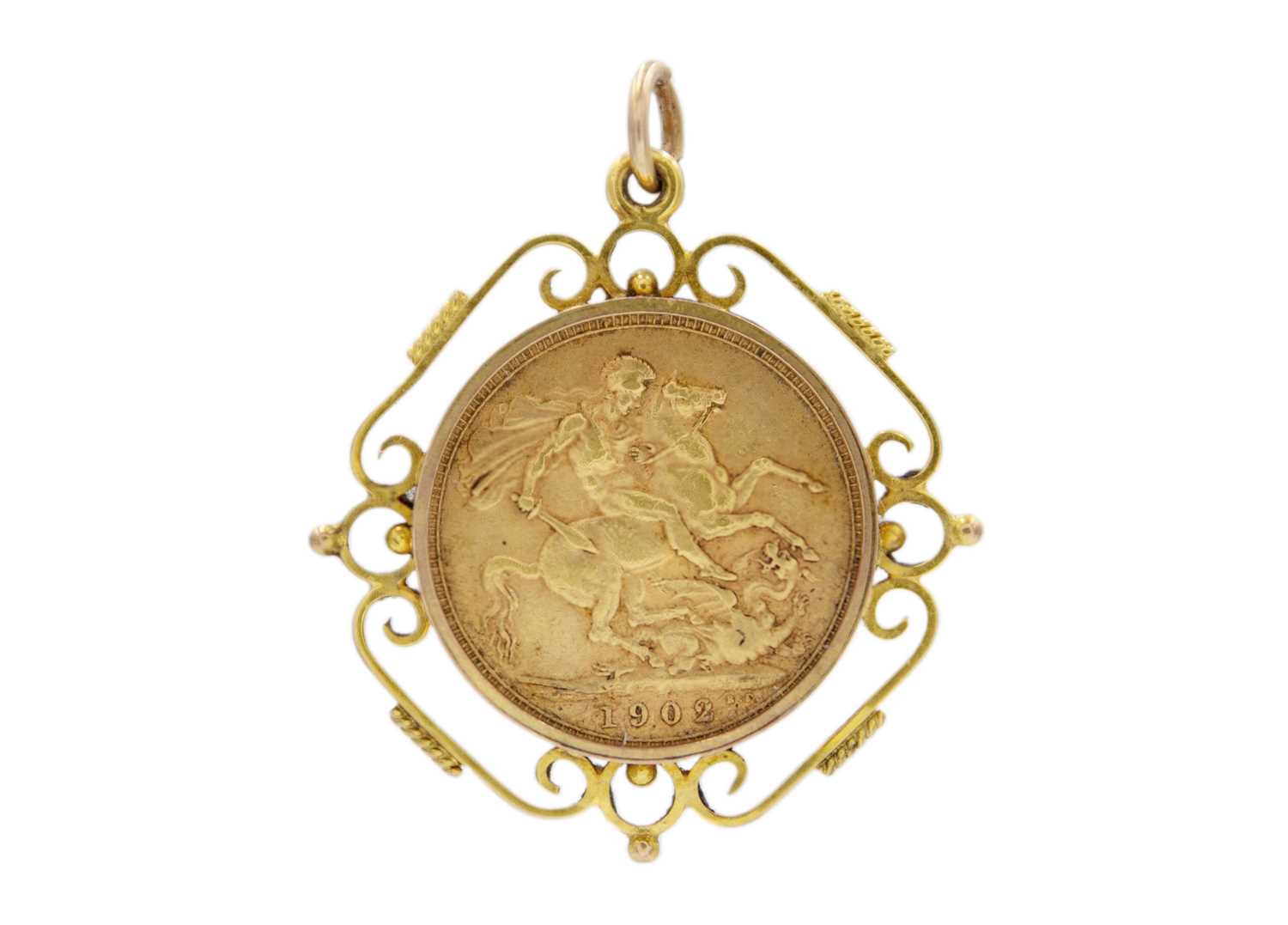 Lot 92 - A gold-mounted full sovereign coin pendant.