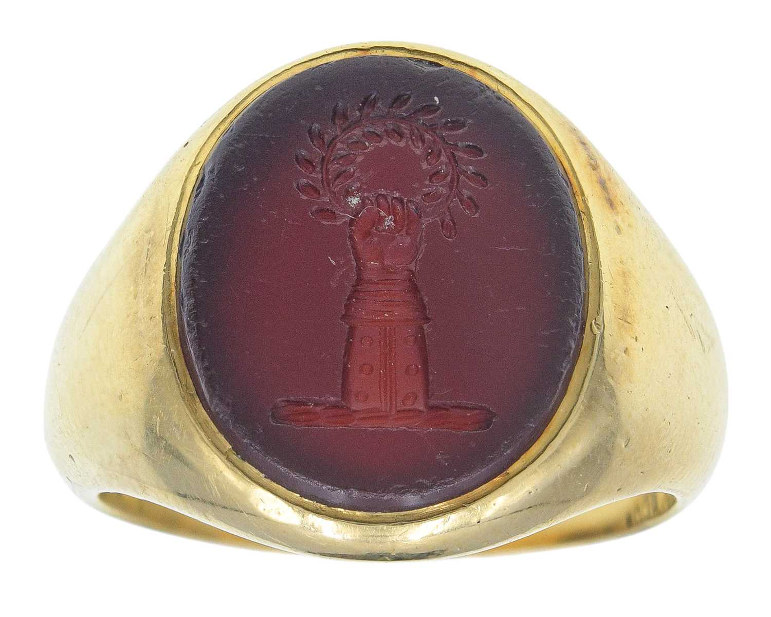 Lot 38 - A Victorian gold and carnelian signet ring.