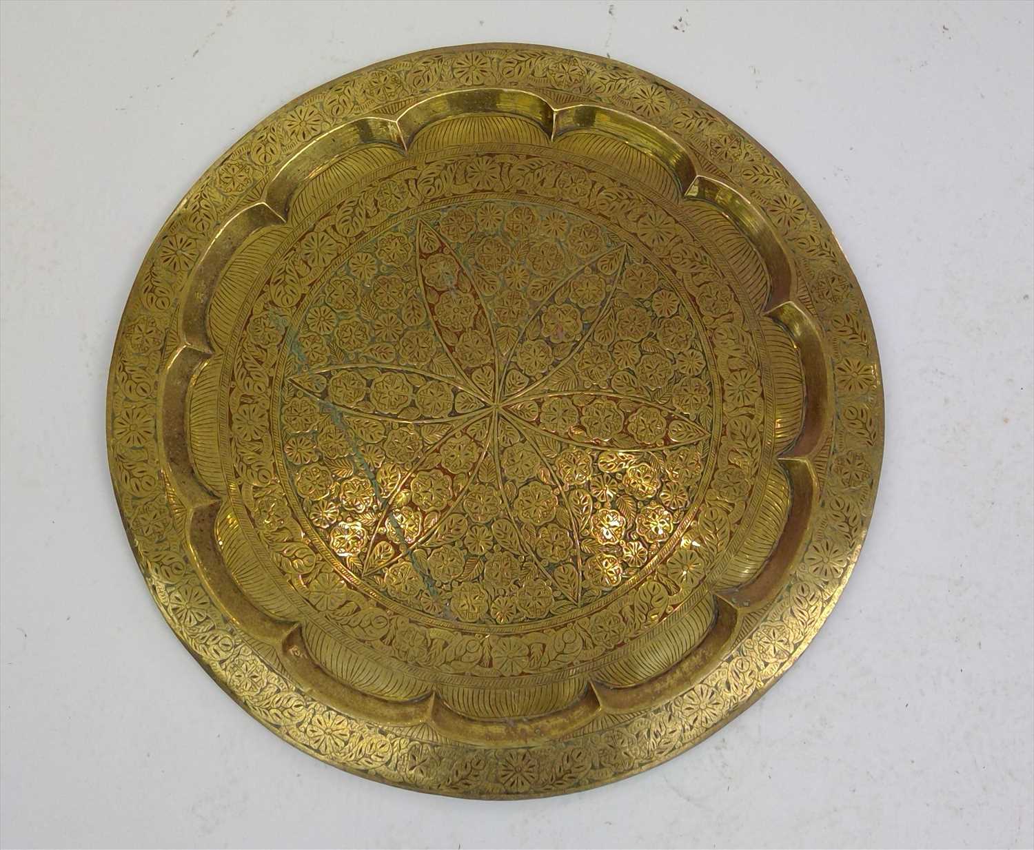 Lot 234 - A Benares brass circular tray with coloured