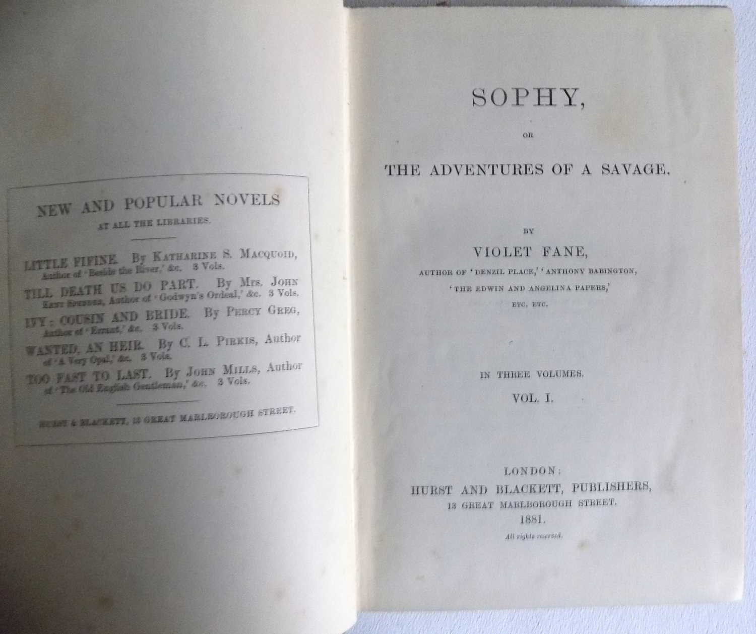 Lot 1378 - VIOLET FANE. "Sophy, or, The Adventures of