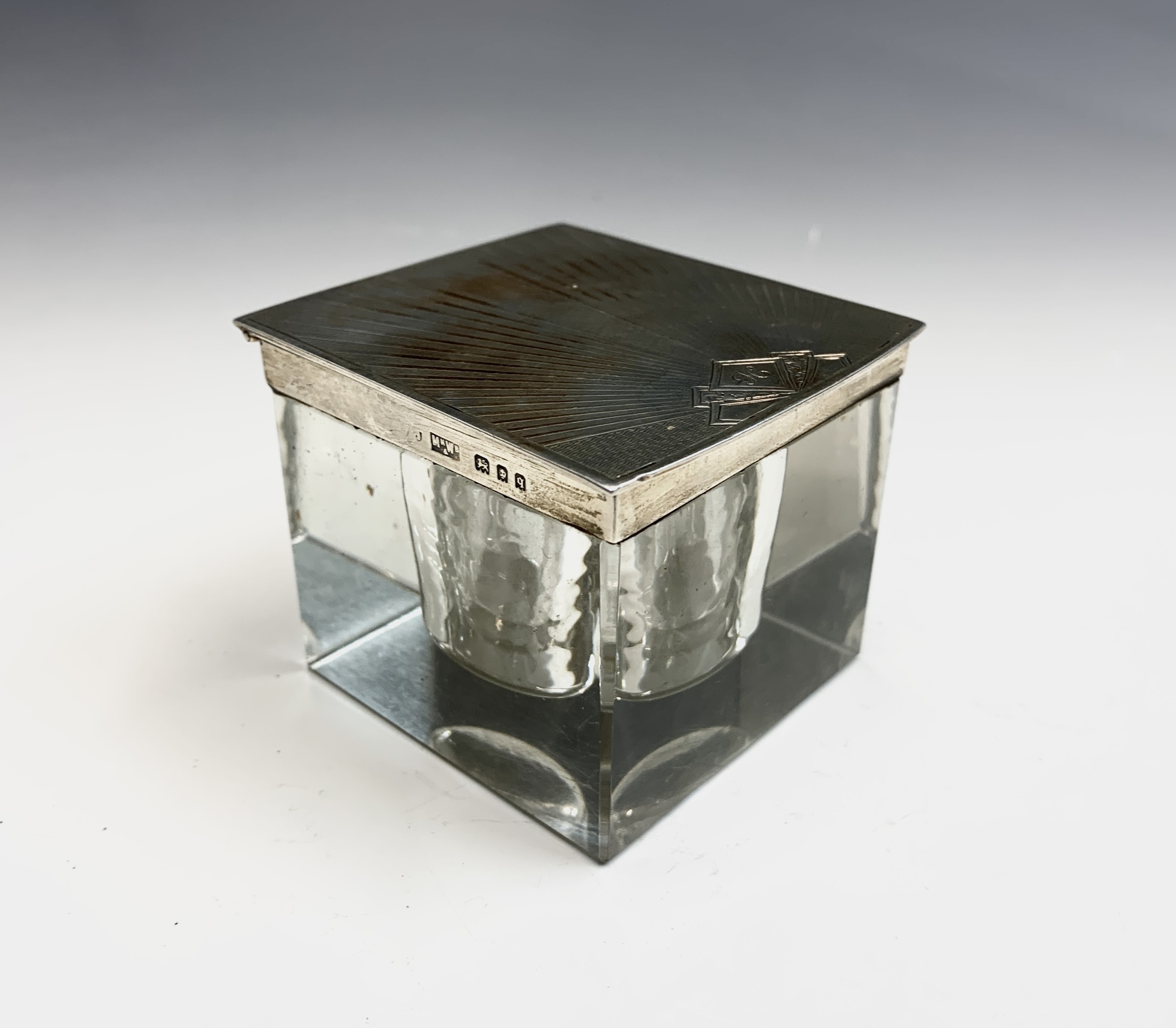 Lot 117 - A cut square glass inkwell with heavy art