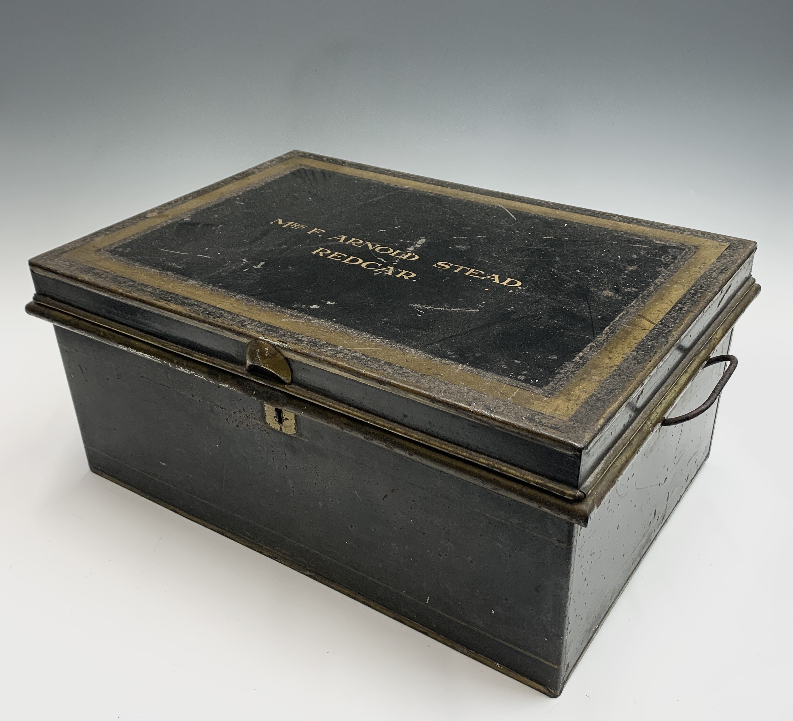 Lot 189 - An Edwardian lacquered tin gown box, with