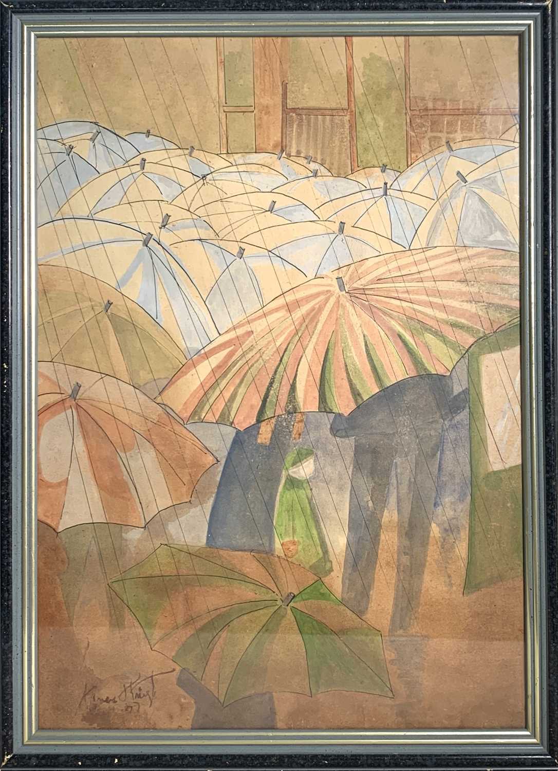 Lot 1483 - K Knight a 1930s watercolour, a rainy day,