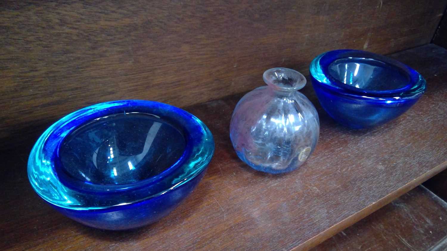 Lot 172 - Peter Tysoe glass bottle vase and two blue