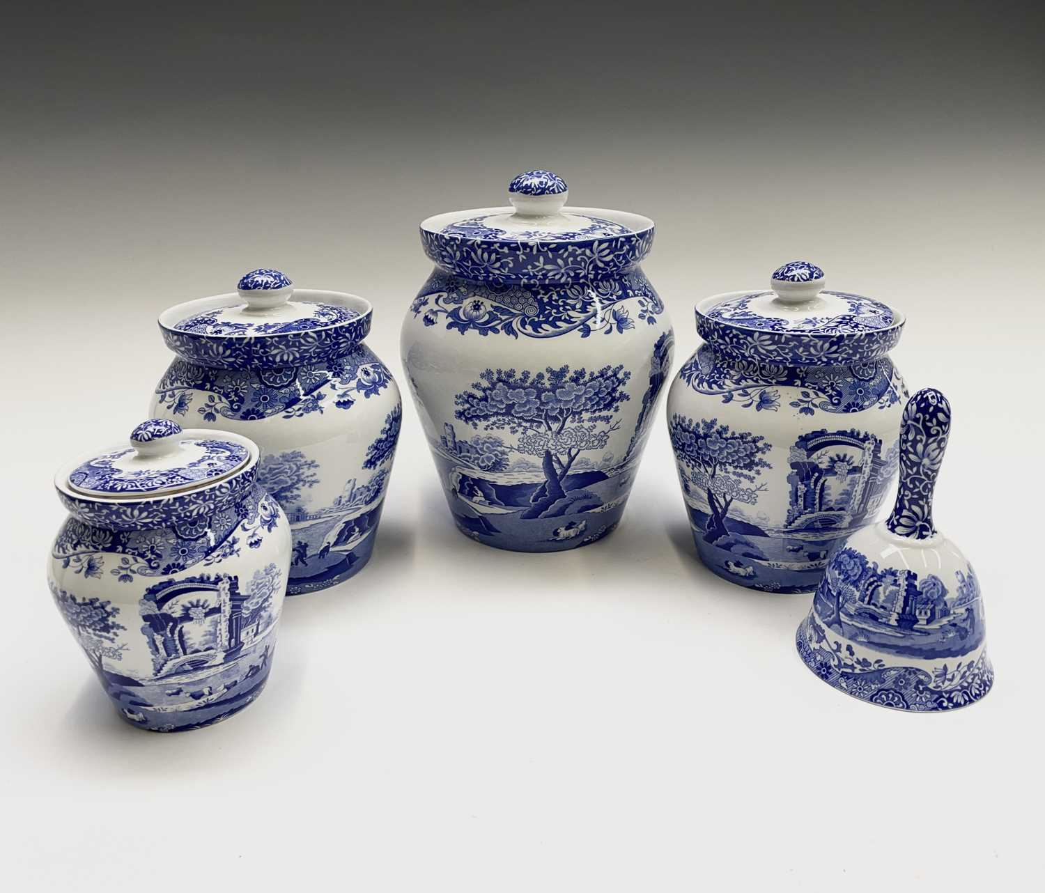 Lot 942 - Four Spode 'Italian' pattern lidded jars,