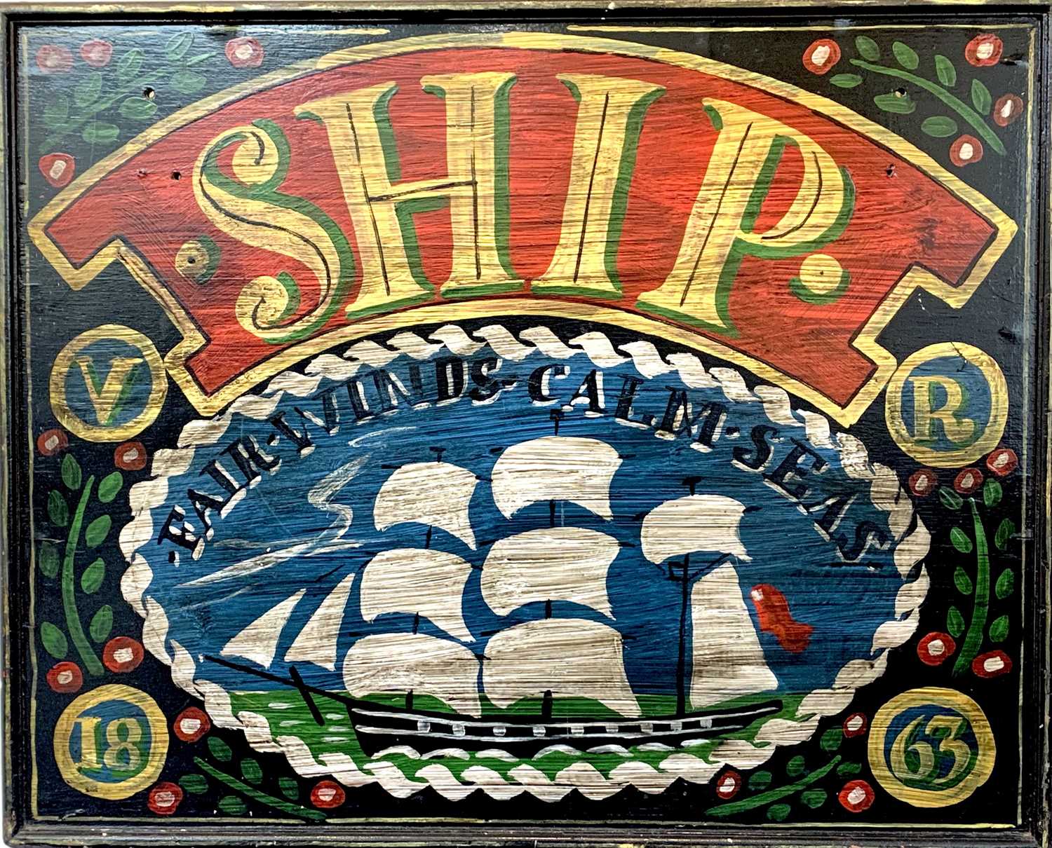 Lot 261 - A painted wood panel, entitled 'Ship, Fair