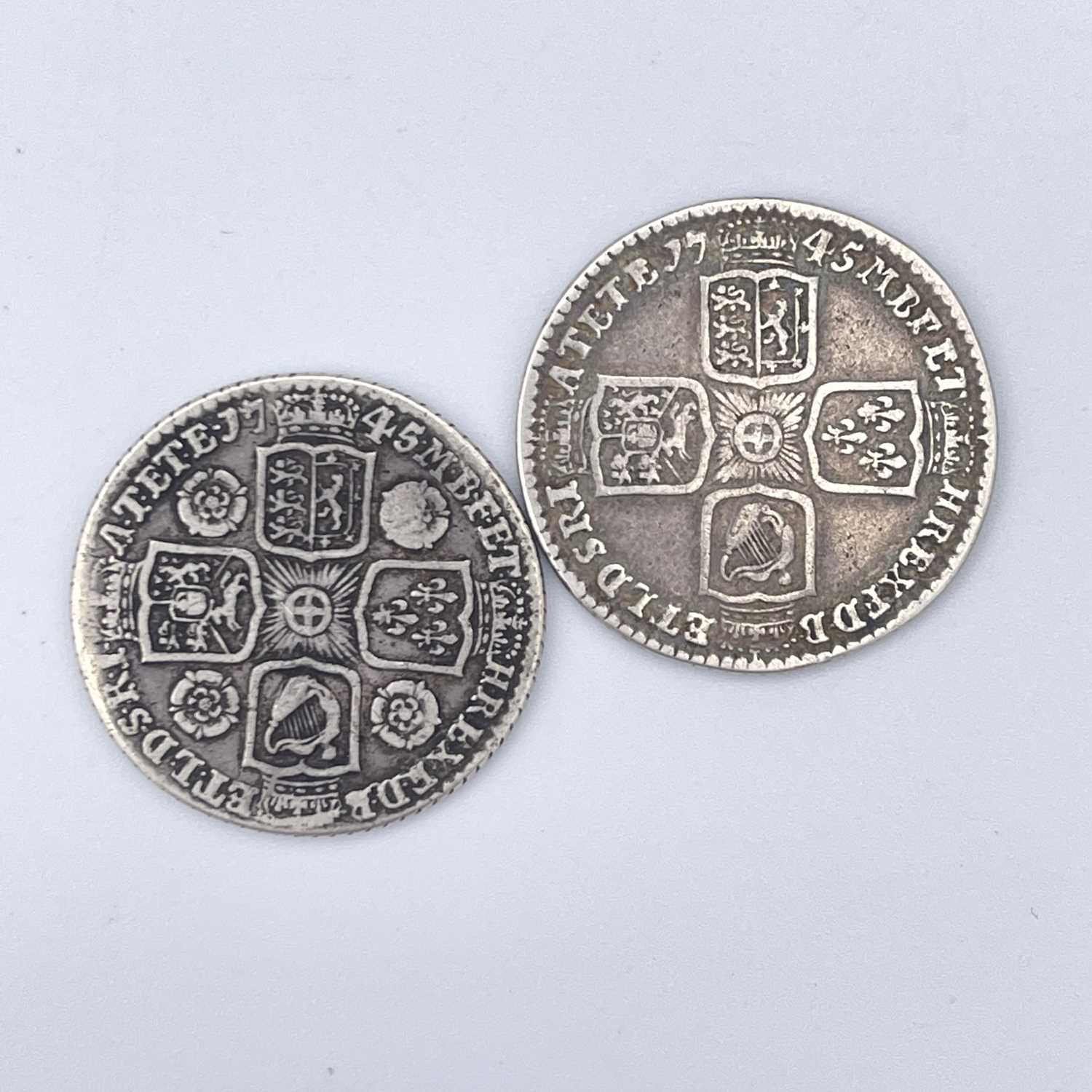 Lot 32 - George II Shillings x 2. 1745 Roses F, 1745