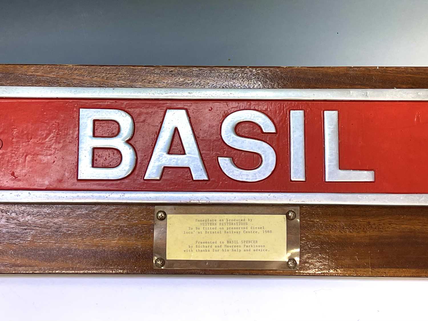 Lot 523 - Railwayana - Nameplate "Basil". A mounted