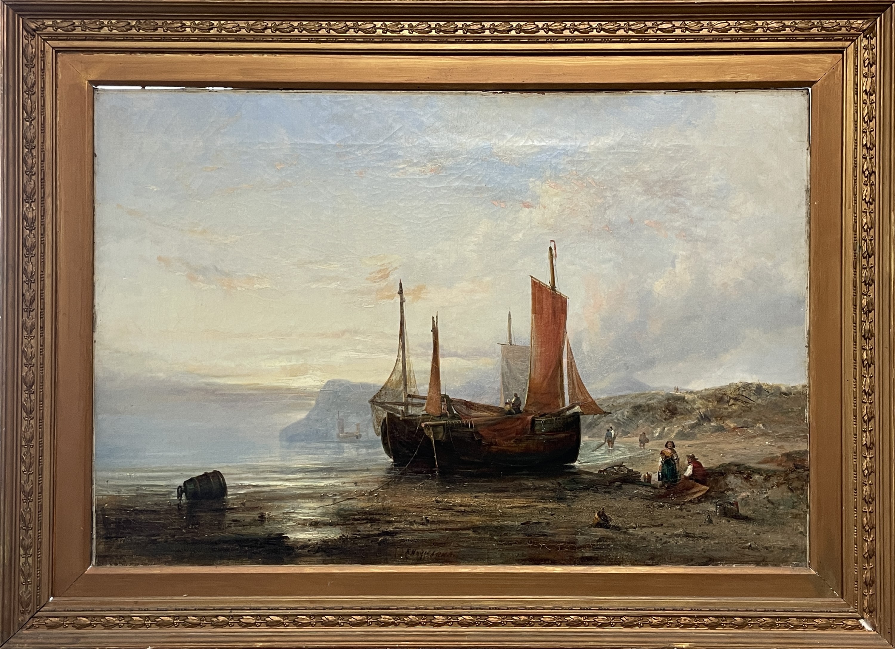 Lot 1055 - Edwin HAYES (1819-1904) Boats Aground Oil