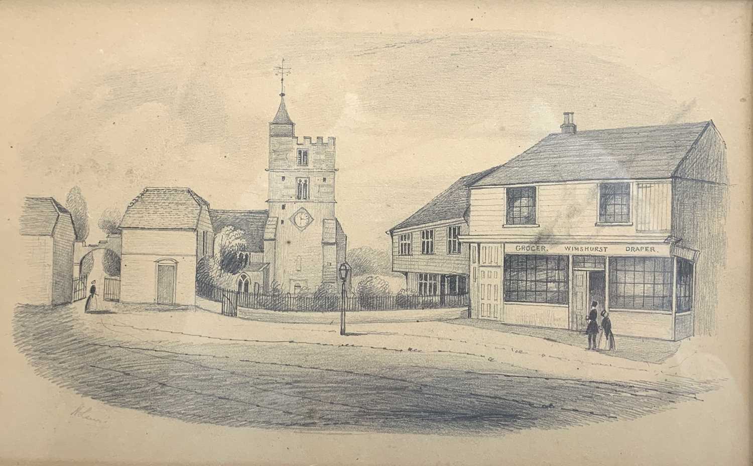 Lot 86 - A Victorian pencil sketch of a High Street,