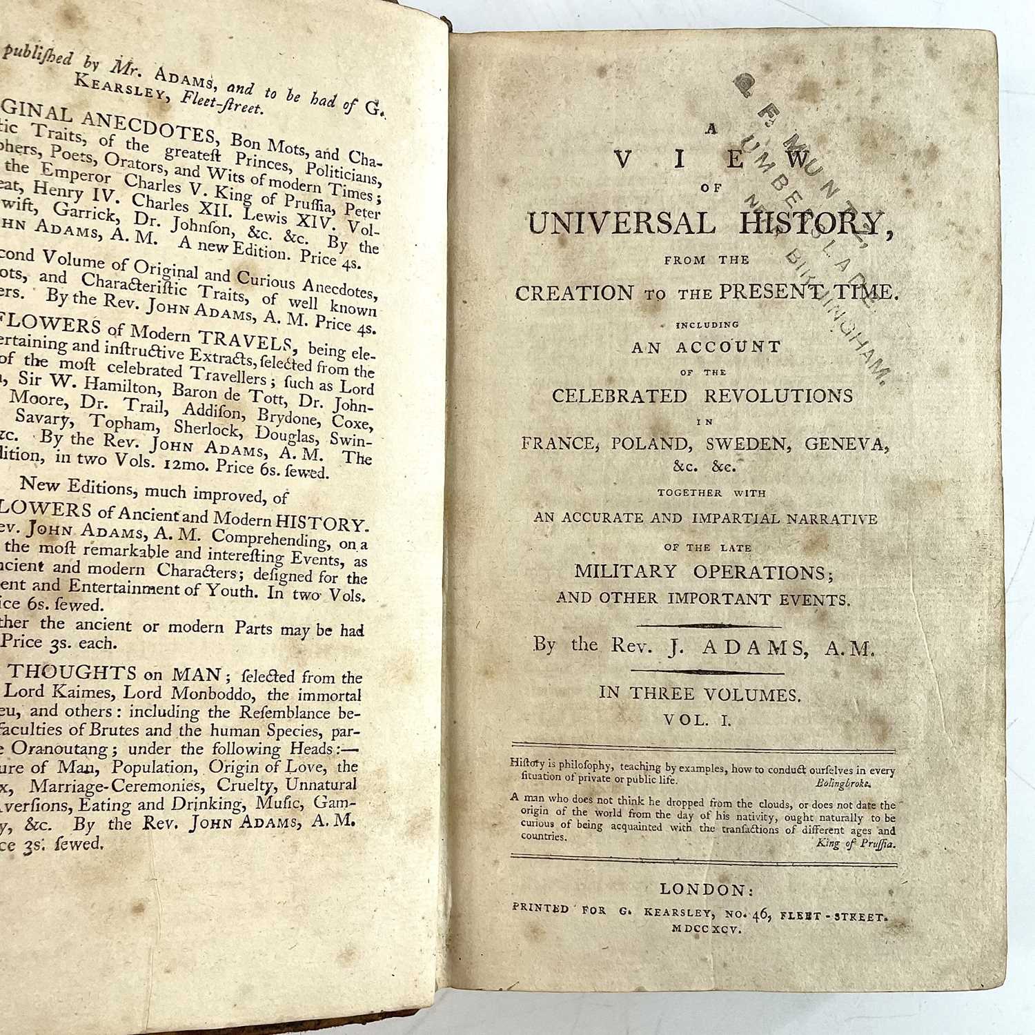 Lot 1037 - Rev JOHN ADAMS. 'A View of Universal