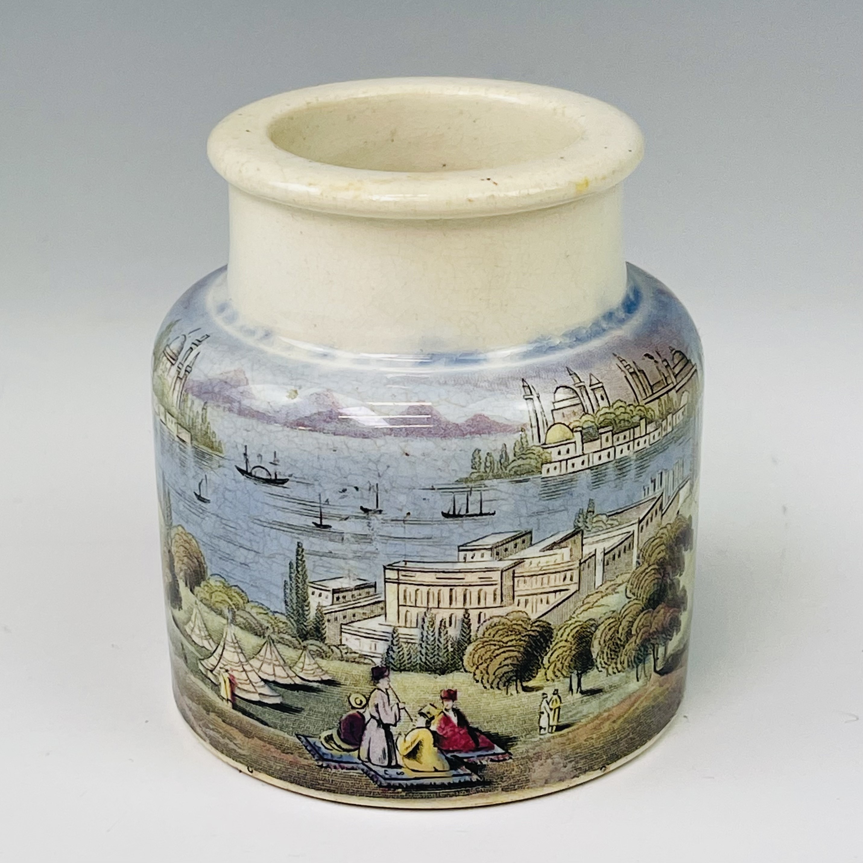 Lot 966 - A Prattware paste jar printed Constantinople,