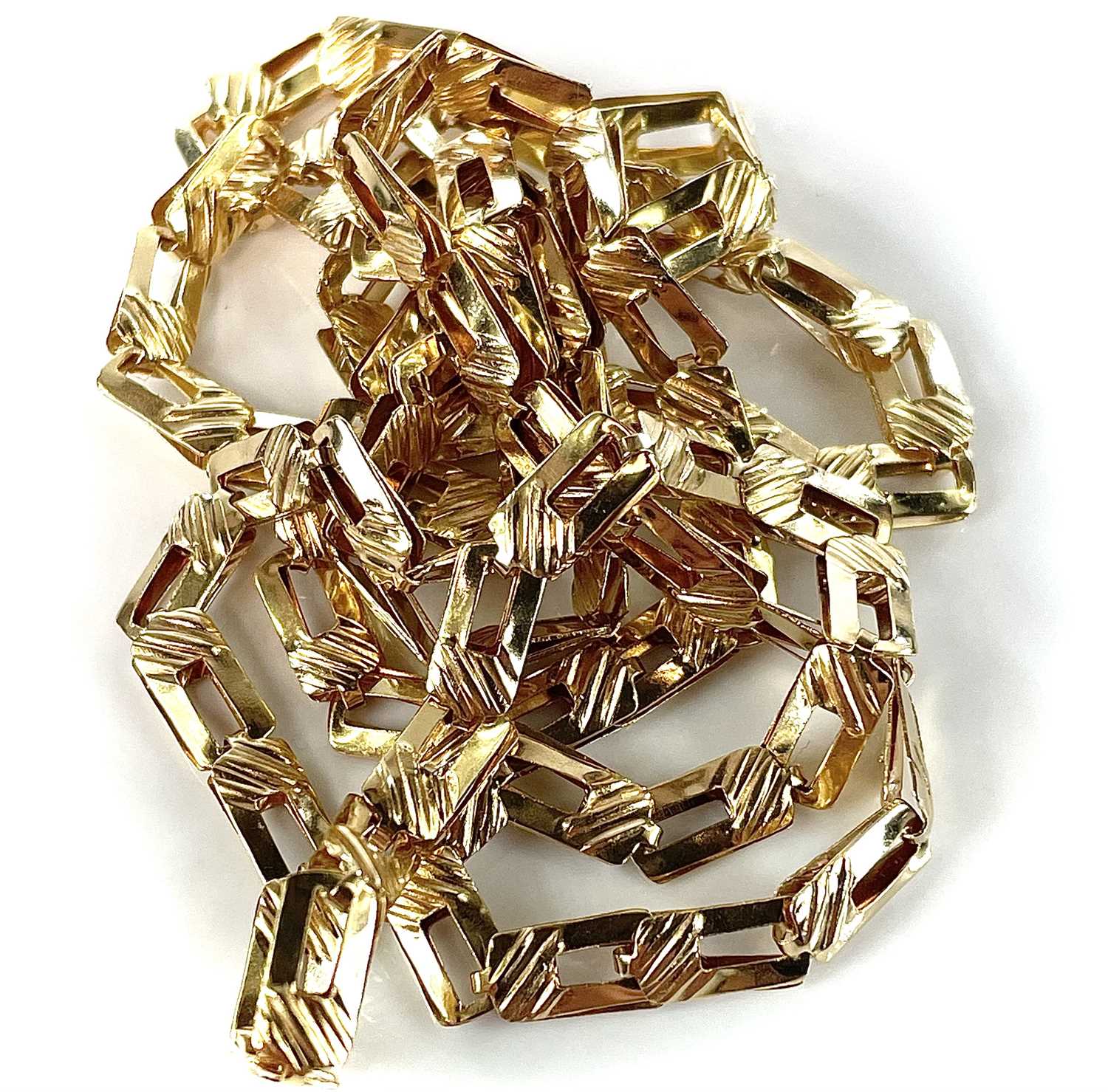 Lot 28 - An 18ct gold fancy rectangular link necklace,
