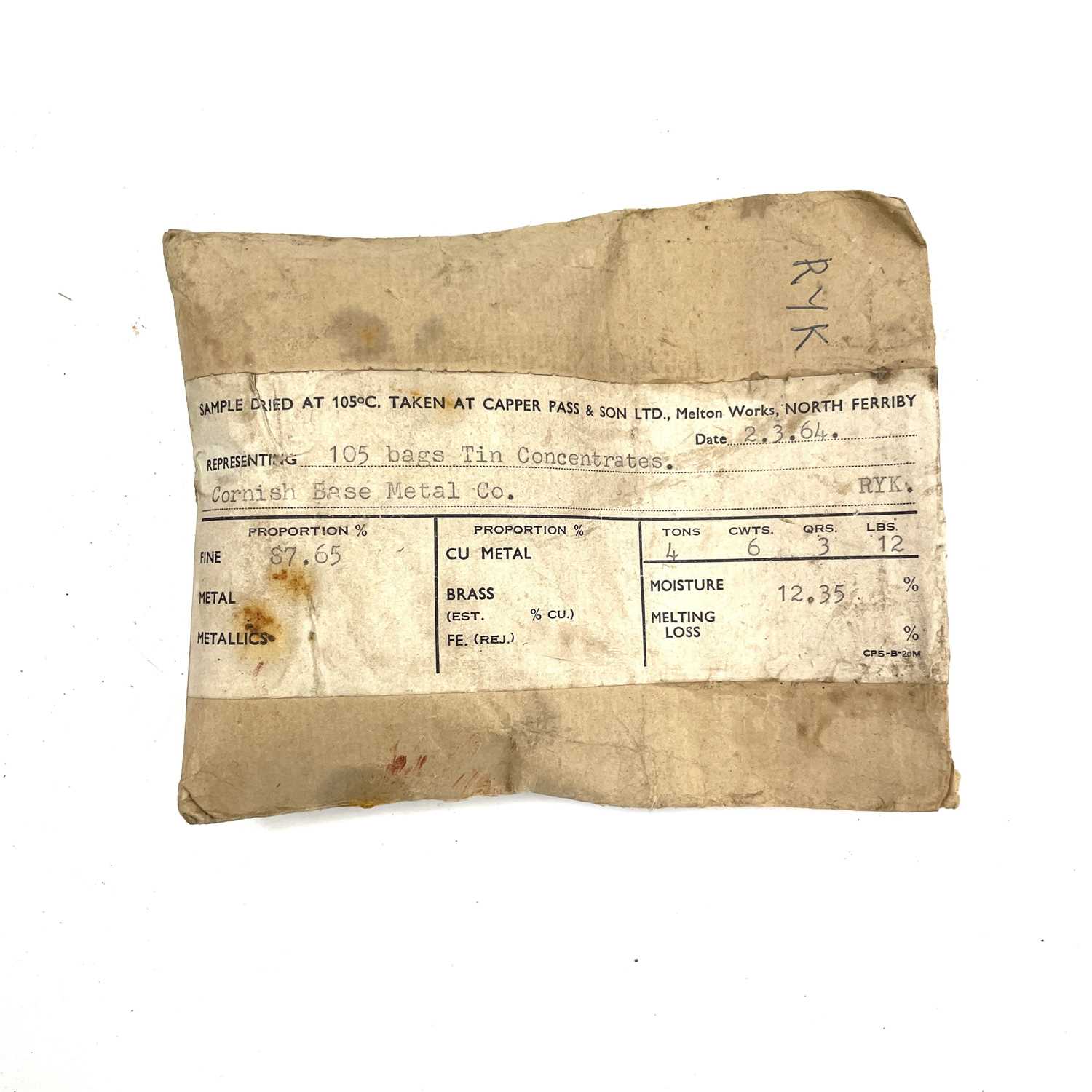 Lot 442 - A Cornish tin concentrate sample in original