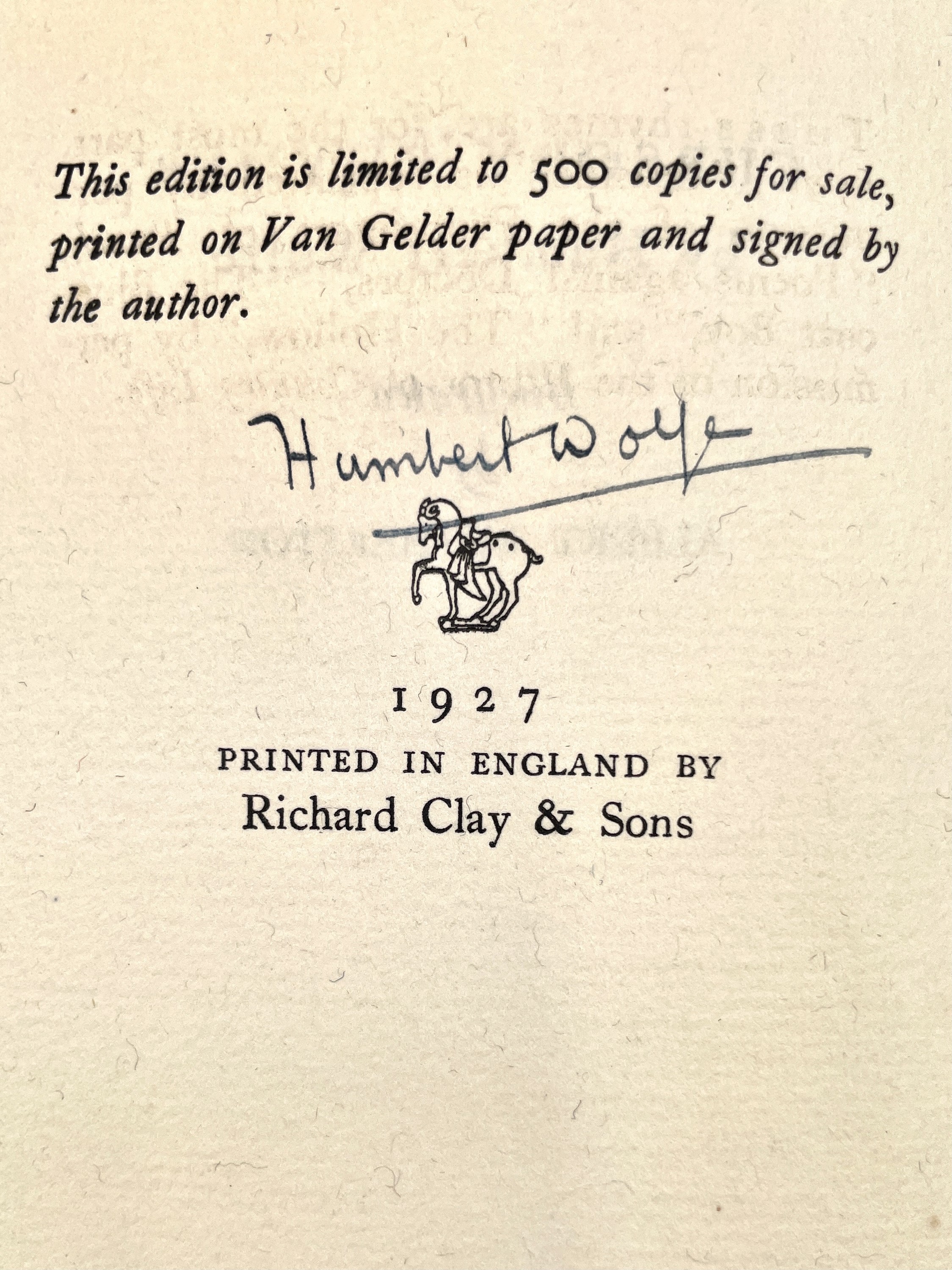HUMBERT WOLFE. 'Cursory Rhymes,' signed - auctions & price archive