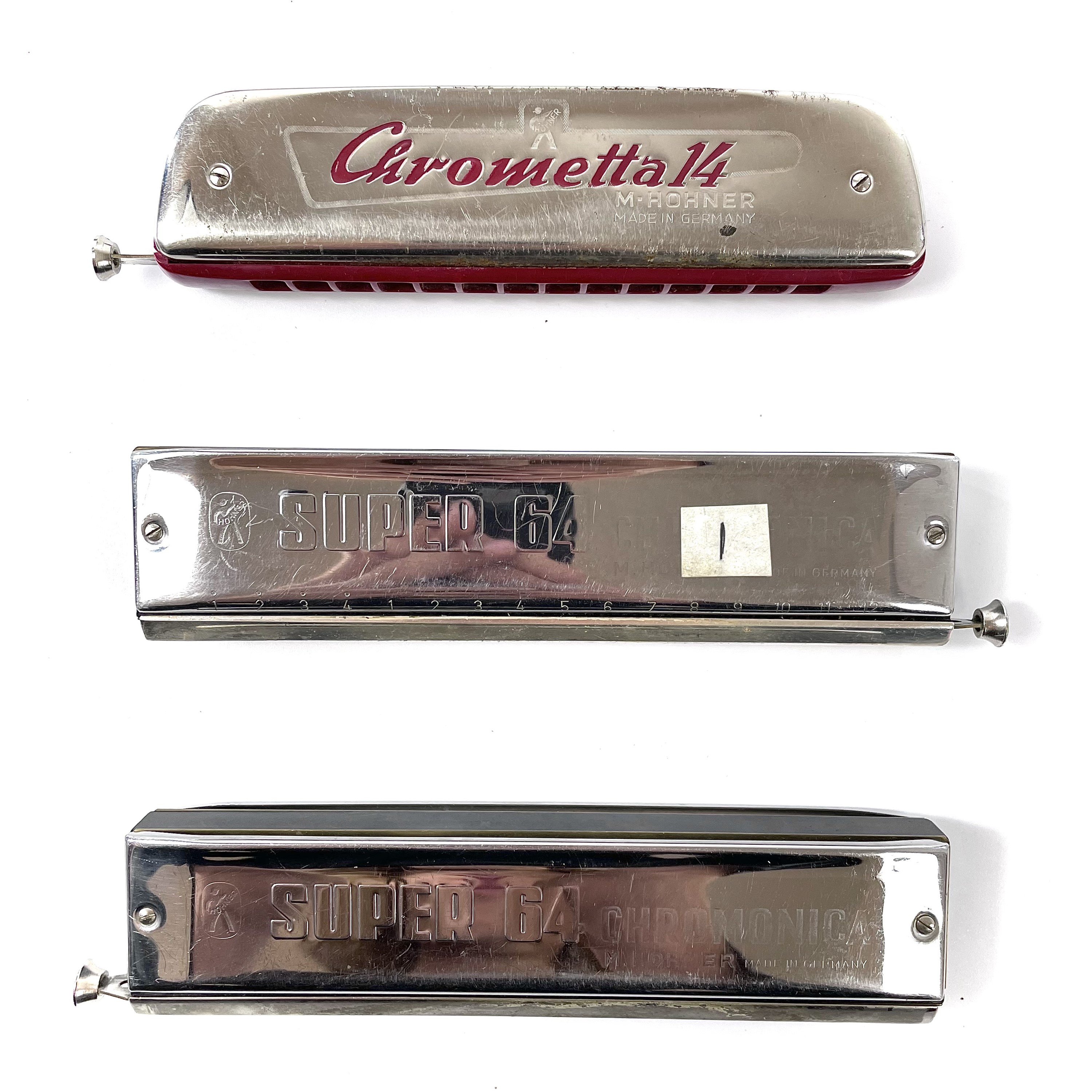 Lot 270 - Two 'Hohner' super 64 chromonica harmonicas.