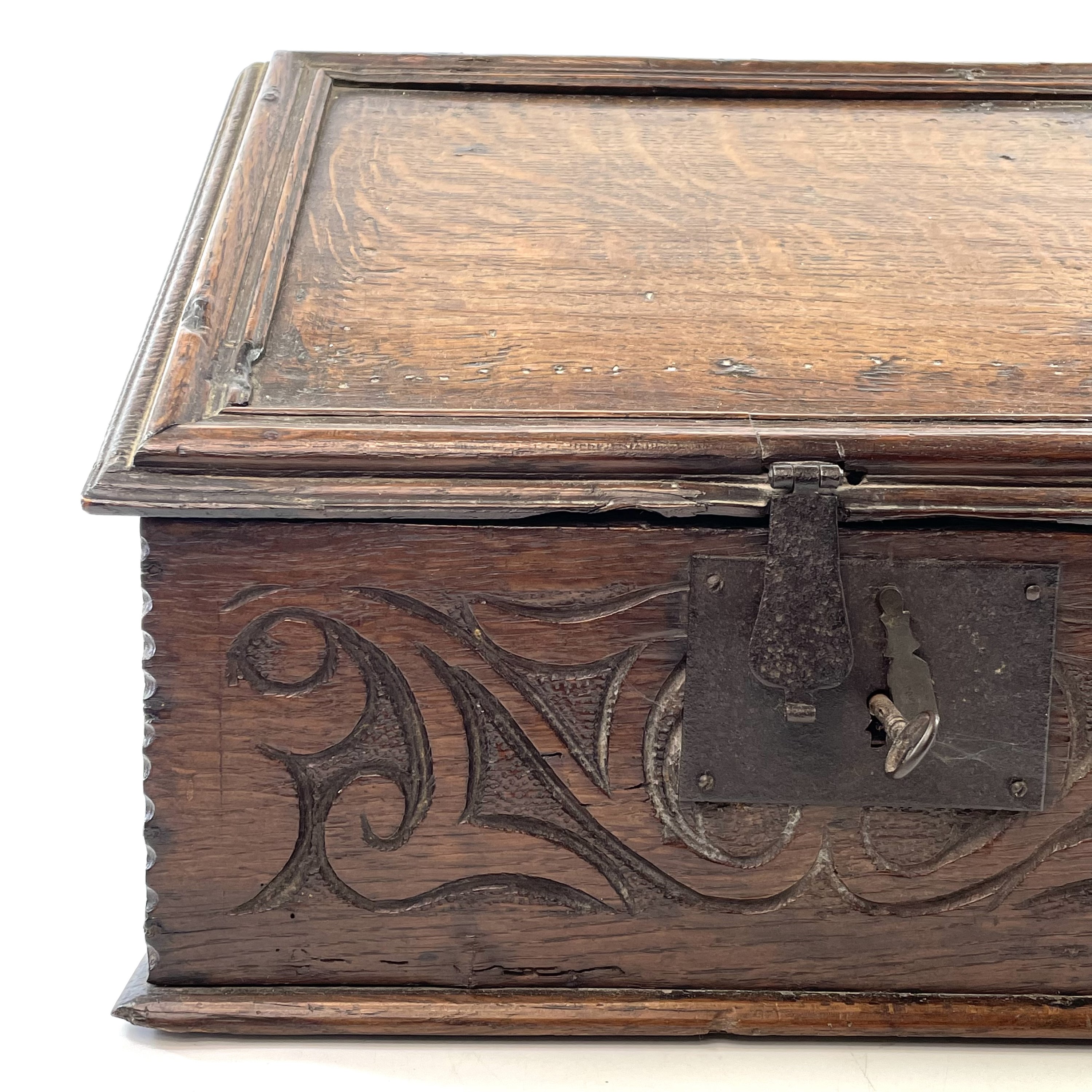 Lot 1 - A carved oak bible box, 17th century.