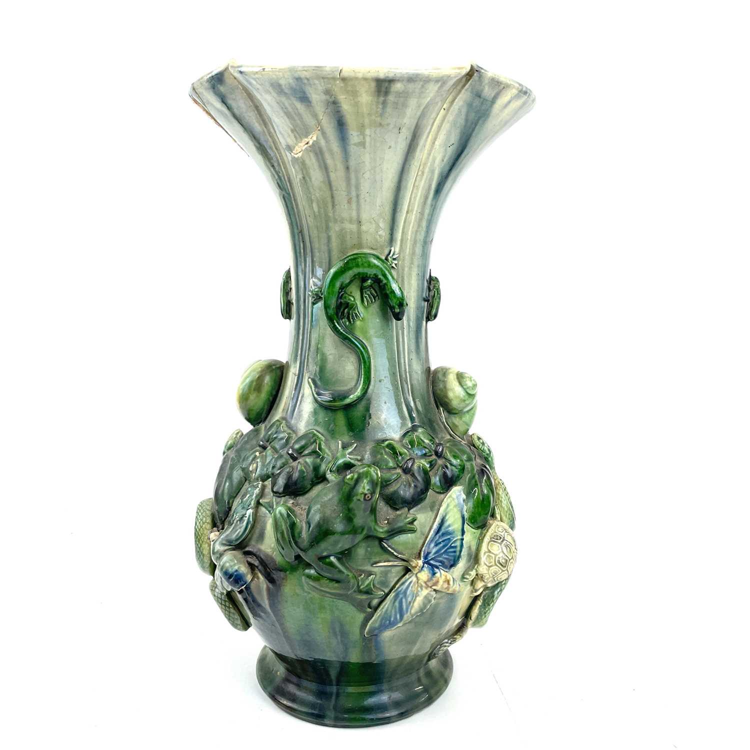 Lot 873 - A Portuguese Palissy style vase, circa 1900,