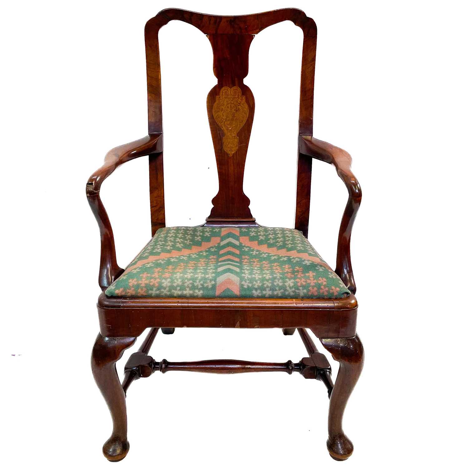 Lot 122 - A Queen Anne walnut elbow chair,