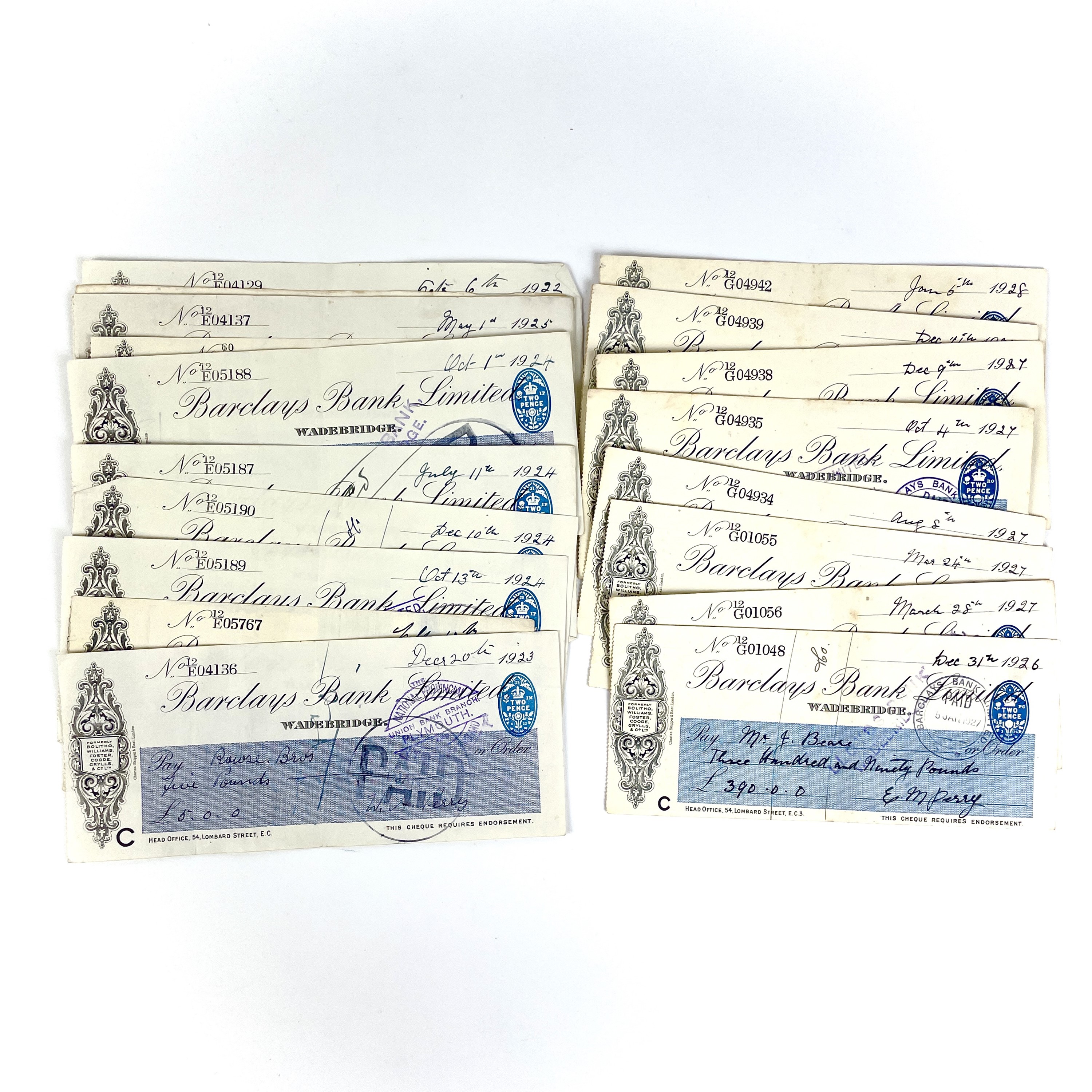 Lot 224 - 1920's Era Cheques - Cornish Interest.