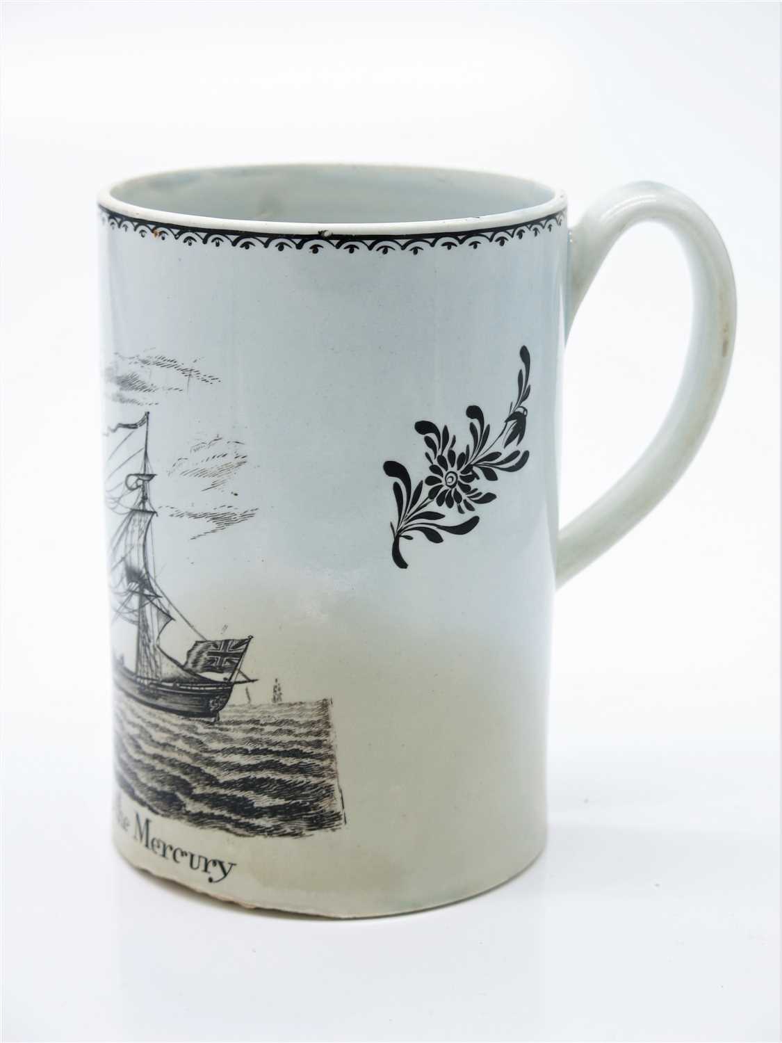 Lot 1353 - A printed and painted creamware tankard,