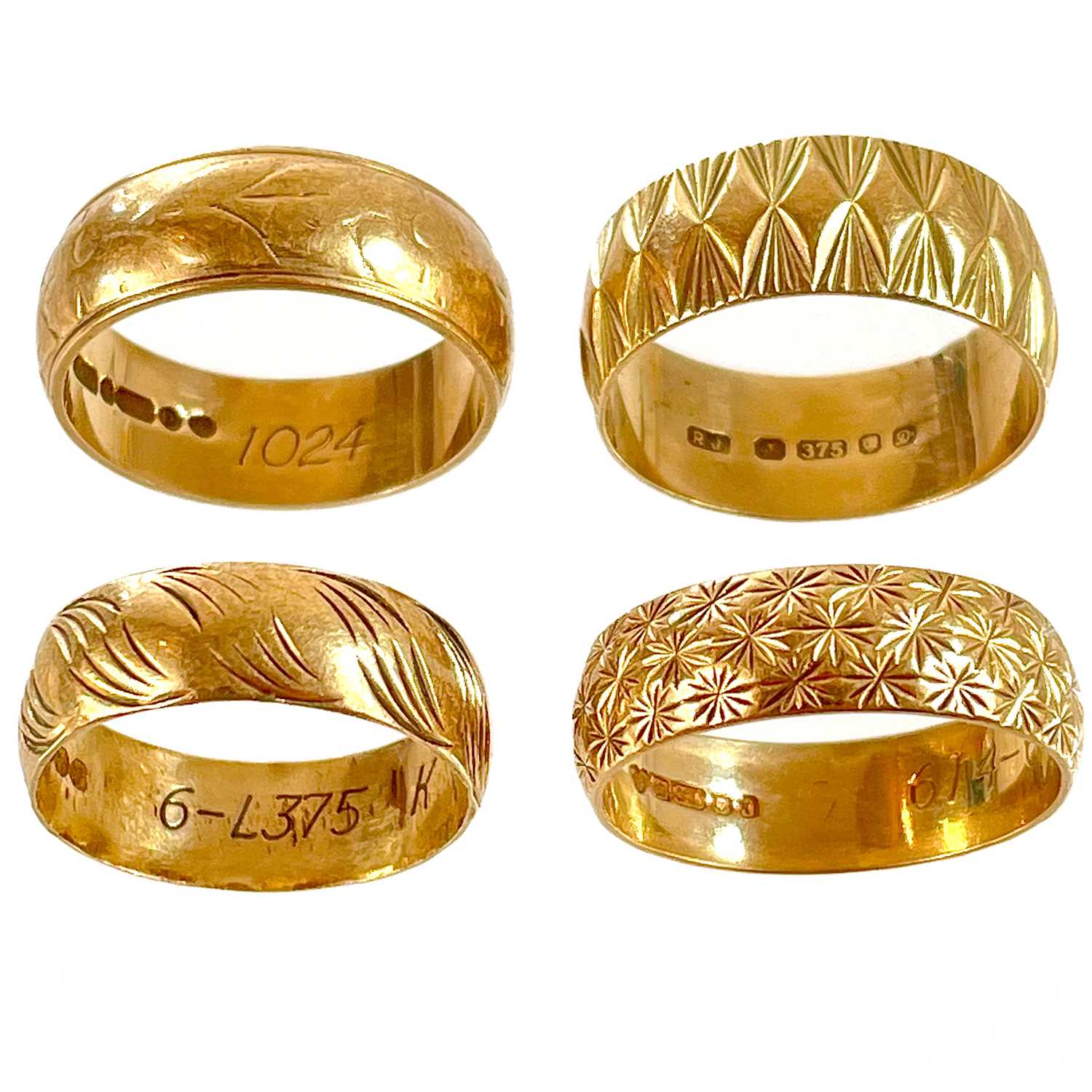 Lot 104 - Four 9ct hallmarked gold band rings.