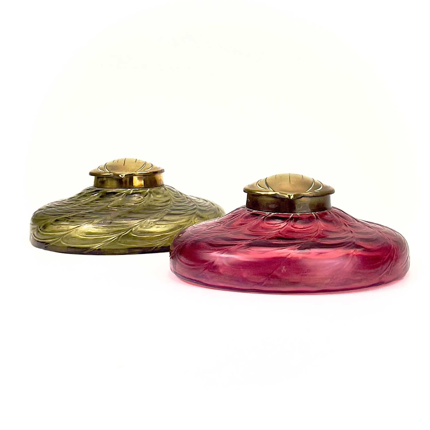 Lot 418 - A circular ruby glass inkwell, probably