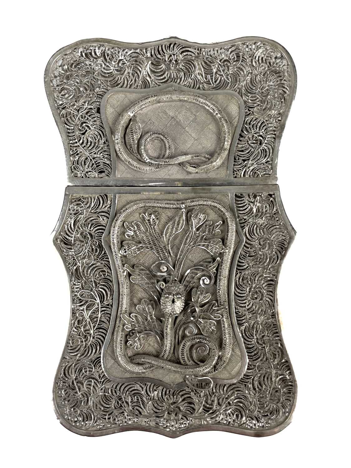 Lot 383 - A Chinese silver filigree card case, 19th