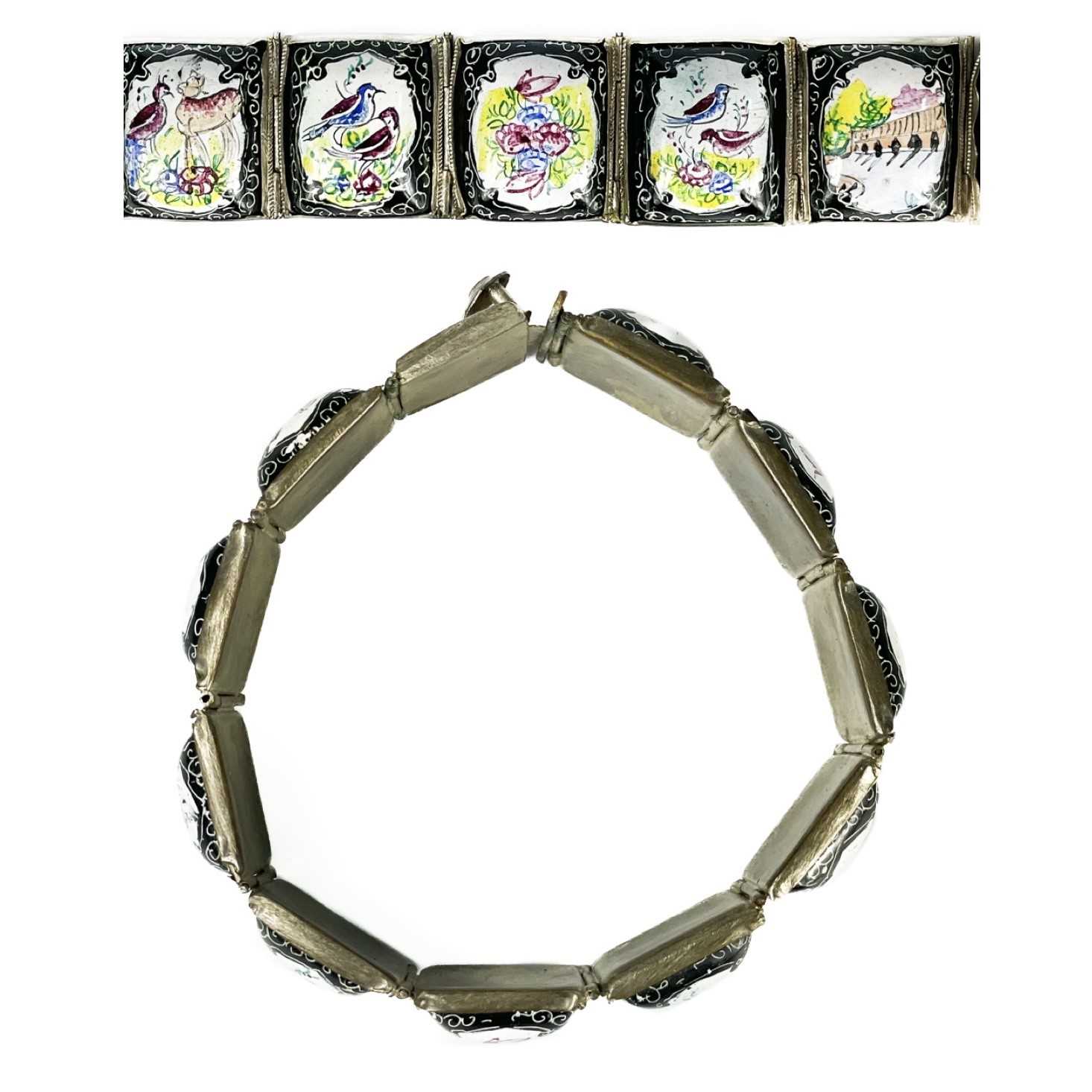 Lot 95 - A Persian white metal painted enamel panel