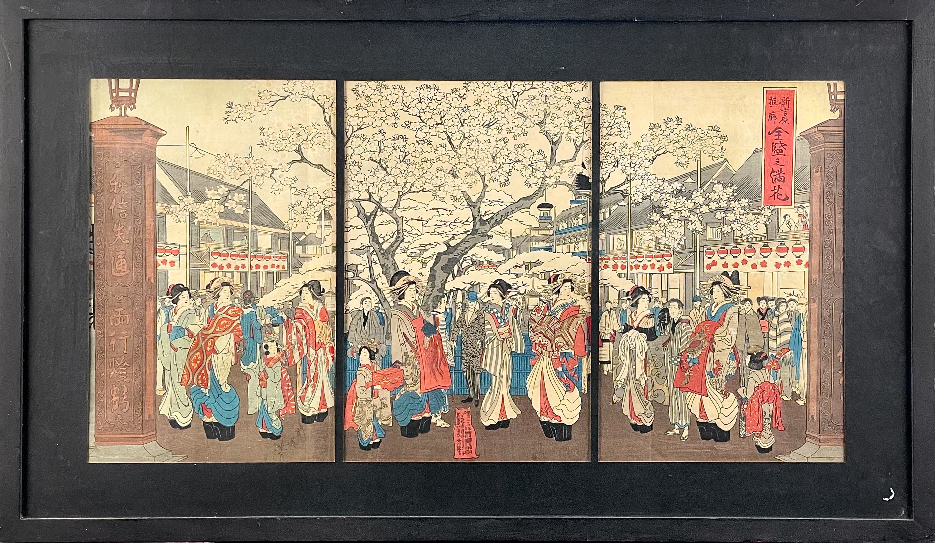 Lot 78 - A Japanese triptych woodblock print, 19th